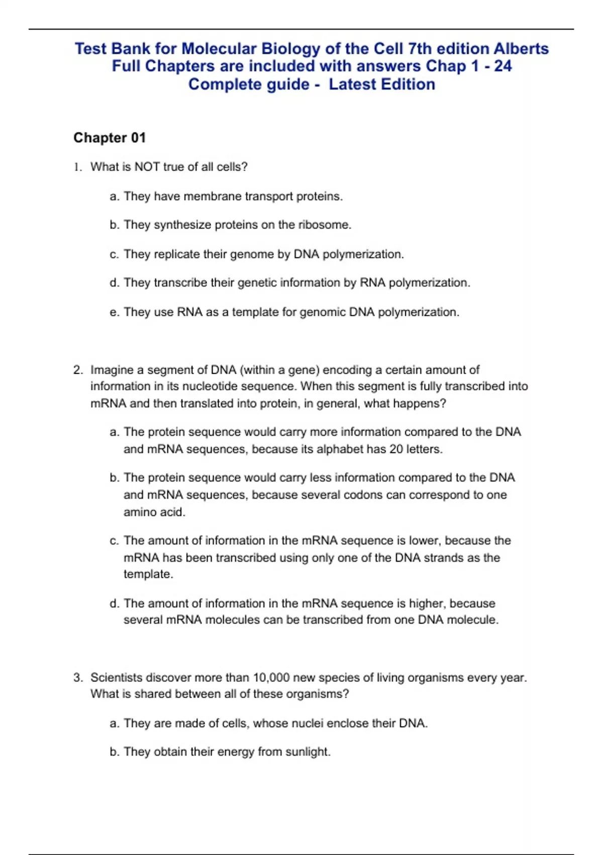 Test Bank for Molecular Biology of the Cell, 7th Edition by Bruce ...