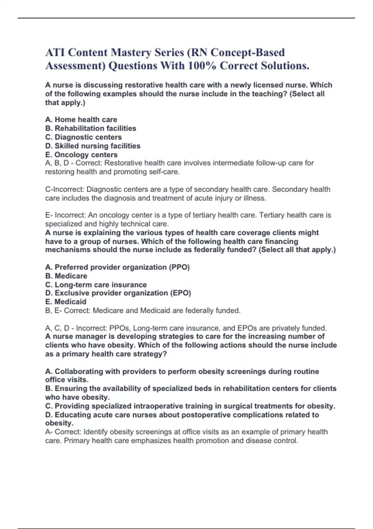 ATI Content Mastery Series (RN Concept-Based Assessment) Questions With ...