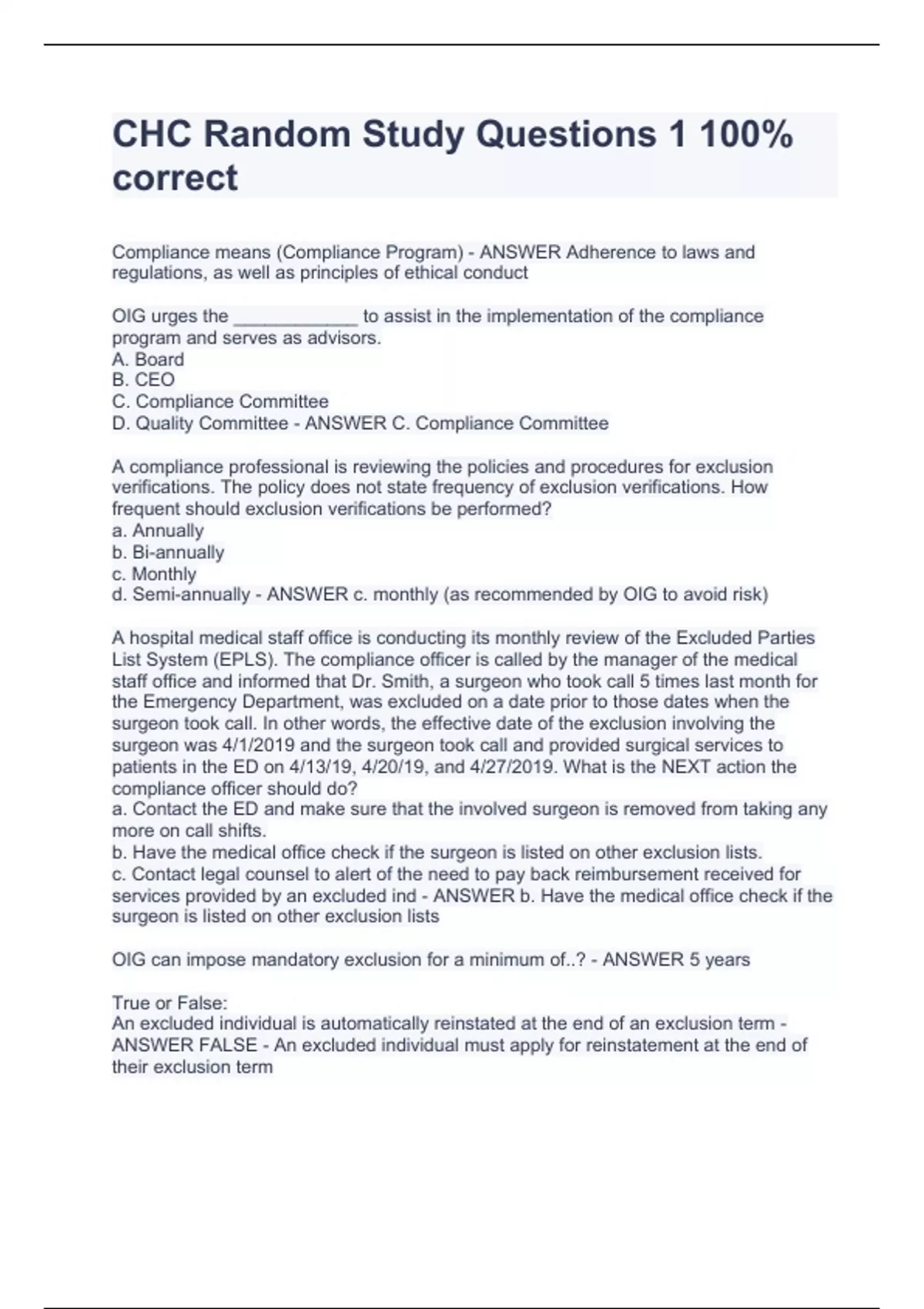 CHC Random Study Questions 1 100% correct - CHC - Stuvia US