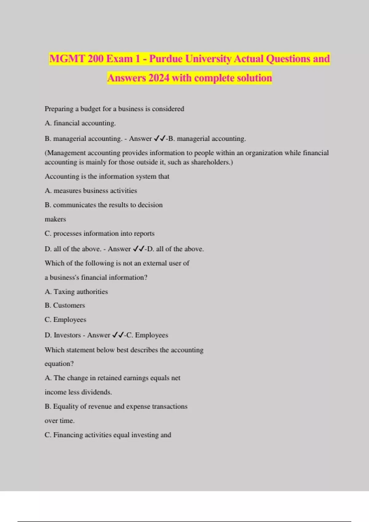 MGMT 200 Exam 1 - Purdue University Actual Questions and Answers 2024 ...