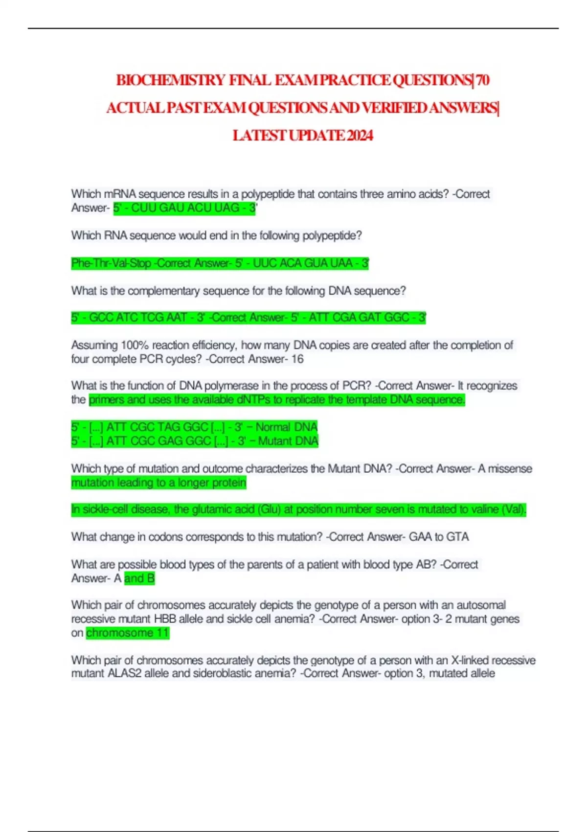 Biochemistry Final Exam Practice Questions 70 Actual Past Exam Questions And Verified Answers