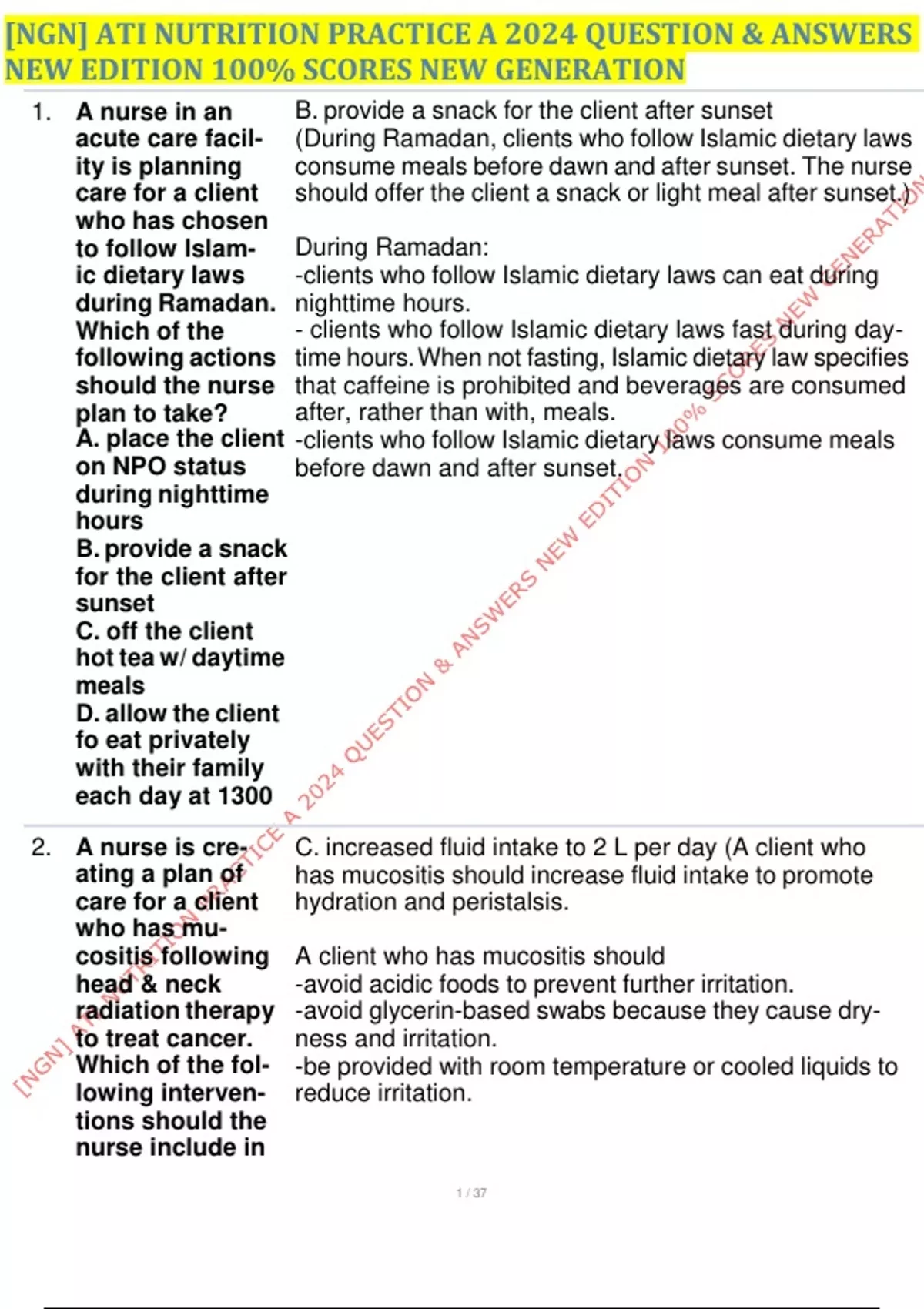 [NGN] ATI NUTRITION PRACTICE A 2024 QUESTION & ANSWERS NEW EDITION 100% ...