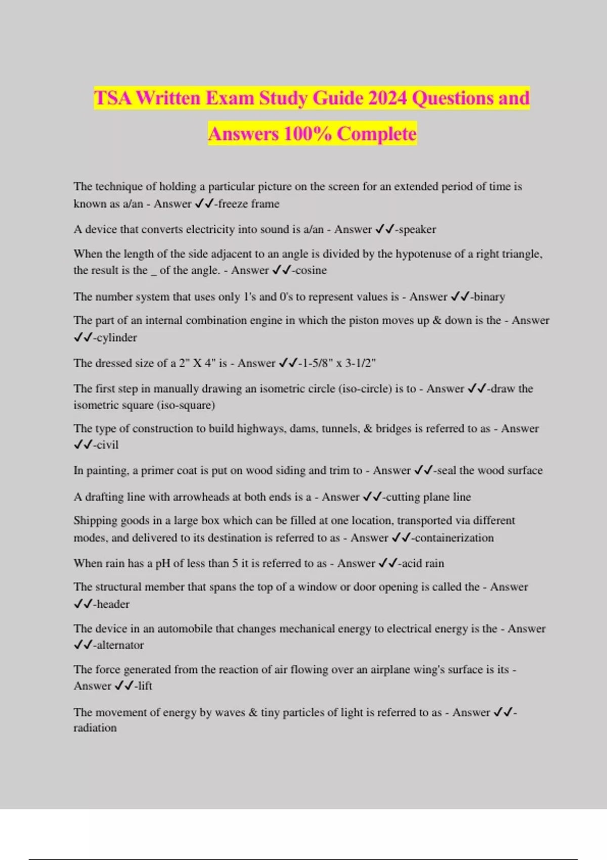 TSA Written Exam Study Guide 2024 Questions and Answers 100% Complete - TSA - Stuvia US