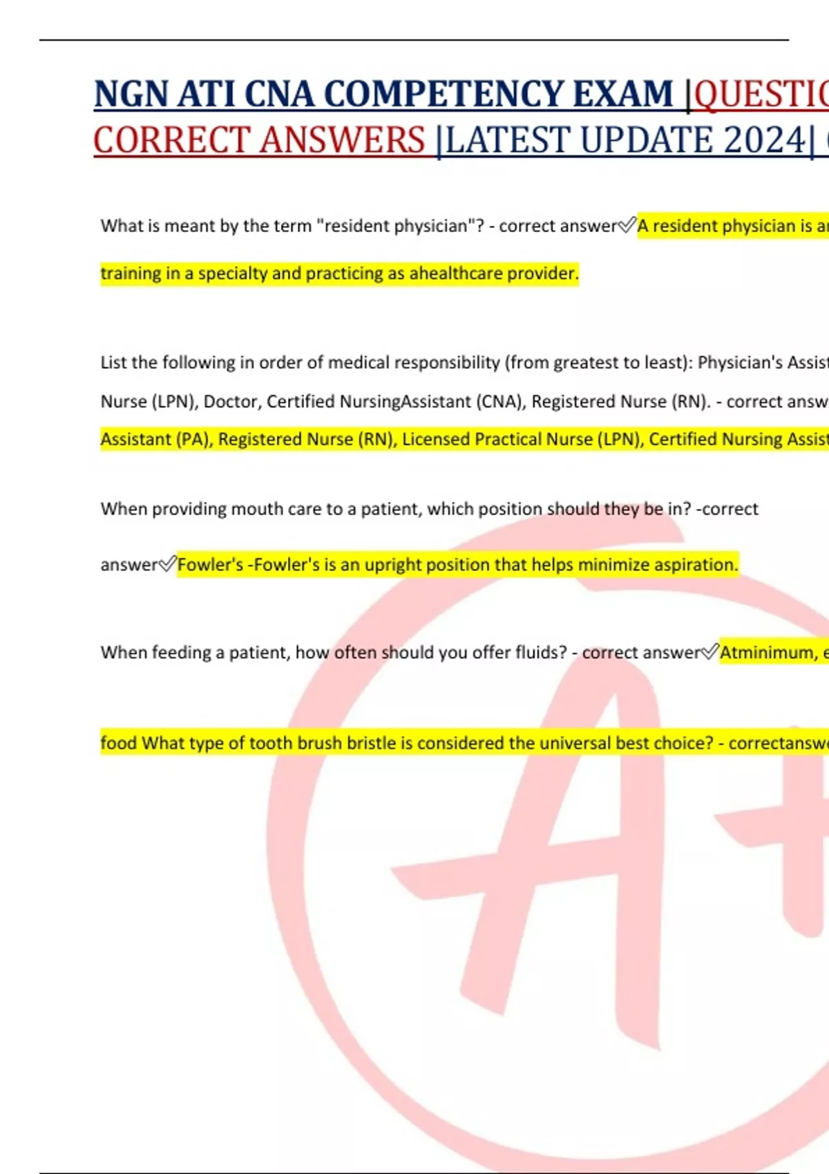 NGN ATI CNA COMPETENCY EXAM |QUESTIONS WITH CORRECT ANSWERS |LATEST ...