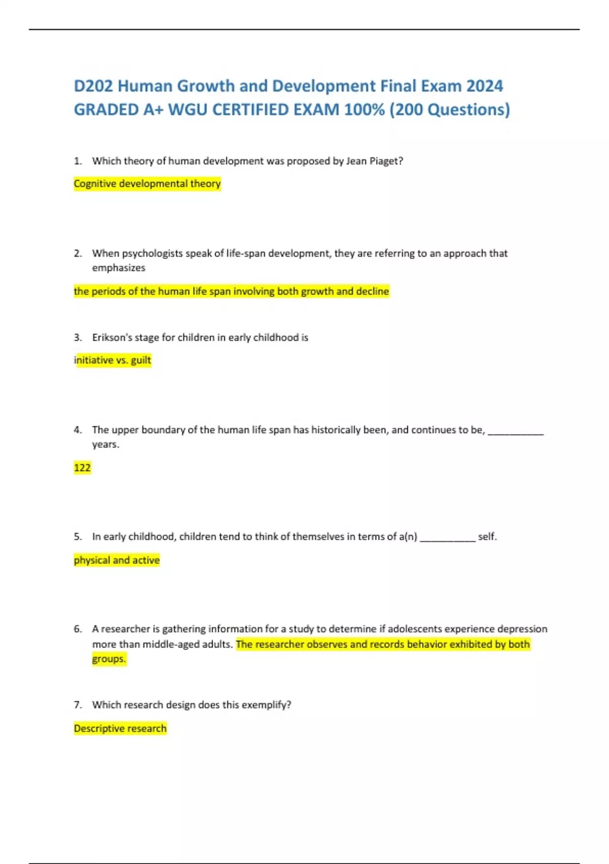 D202 Human Growth and Development Final Exam 2024 GRADED A+ WGU ...