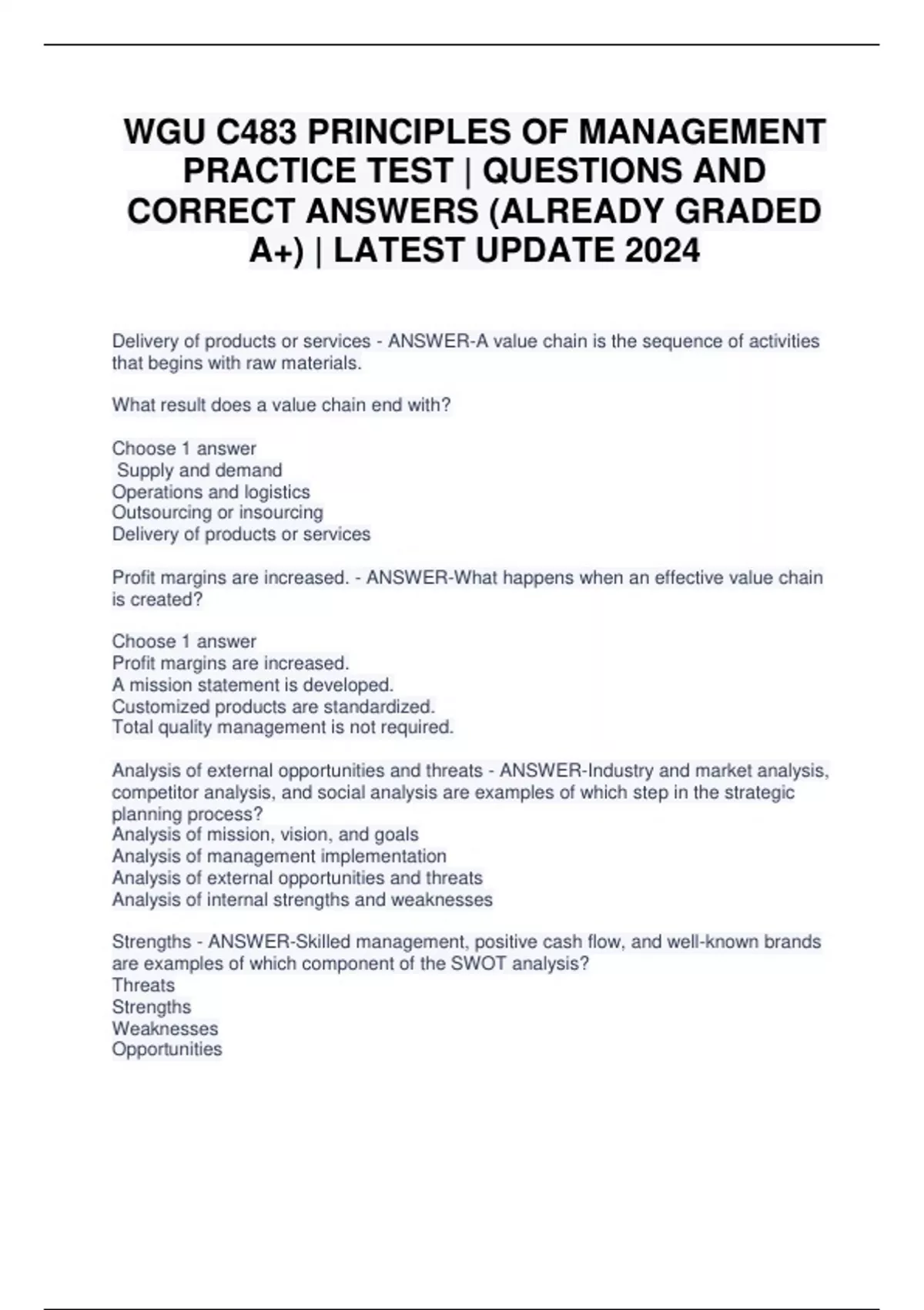 WGU C483 PRINCIPLES OF MANAGEMENT PRACTICE TEST | QUESTIONS AND CORRECT ...