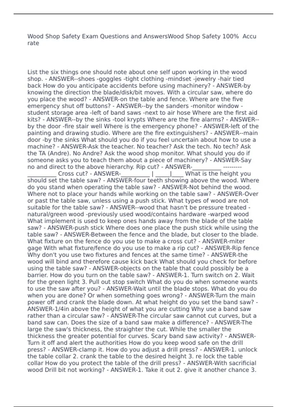 Wood Shop Safety Exam Questions and AnswersWood Shop Safety 100% Accu ...