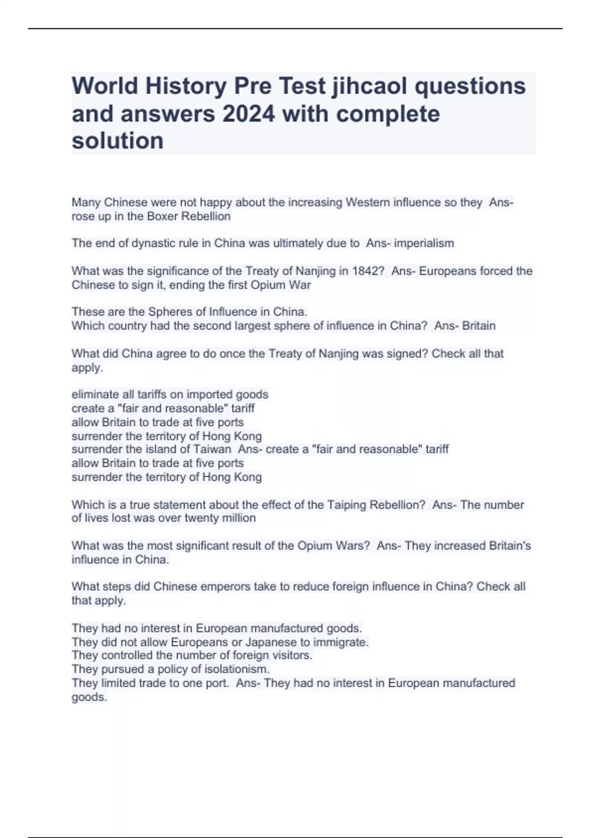 World History Pre Test jihcaol questions and answers 2024 with complete ...