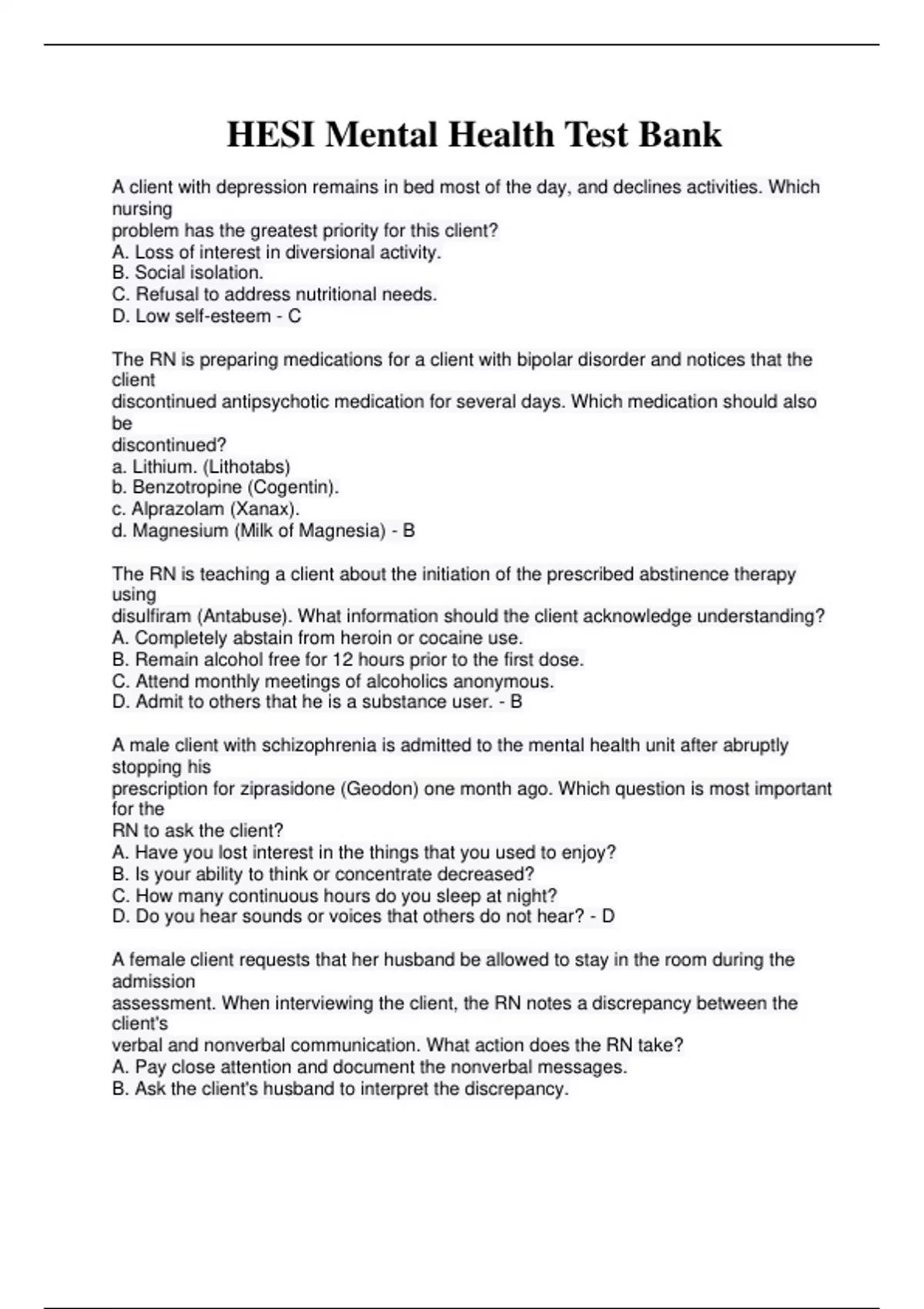 HESI Mental Health Test Bank - HESI Mental - Stuvia UK