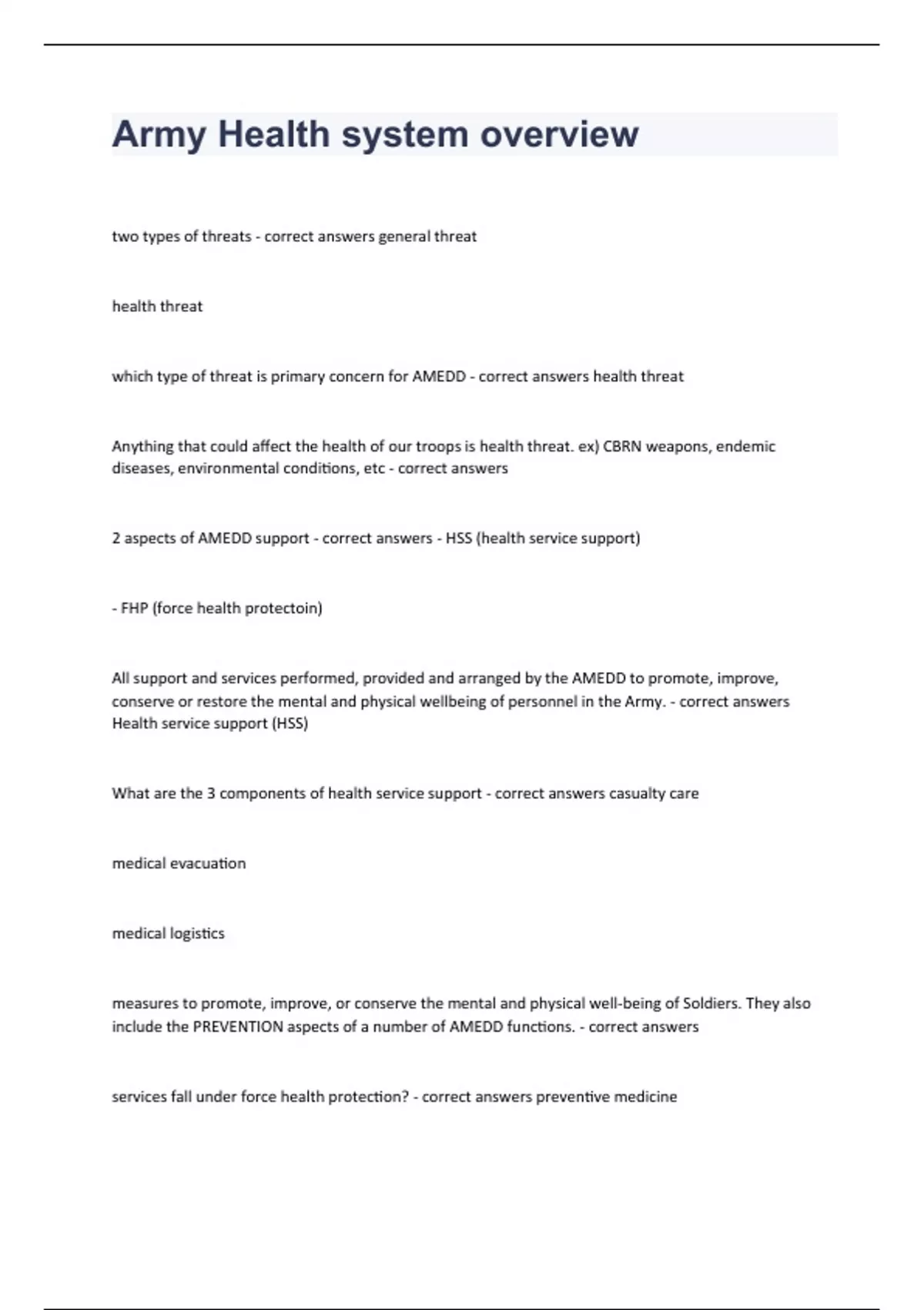 Army Health system overview Questions With Complete Solutions - Army ...