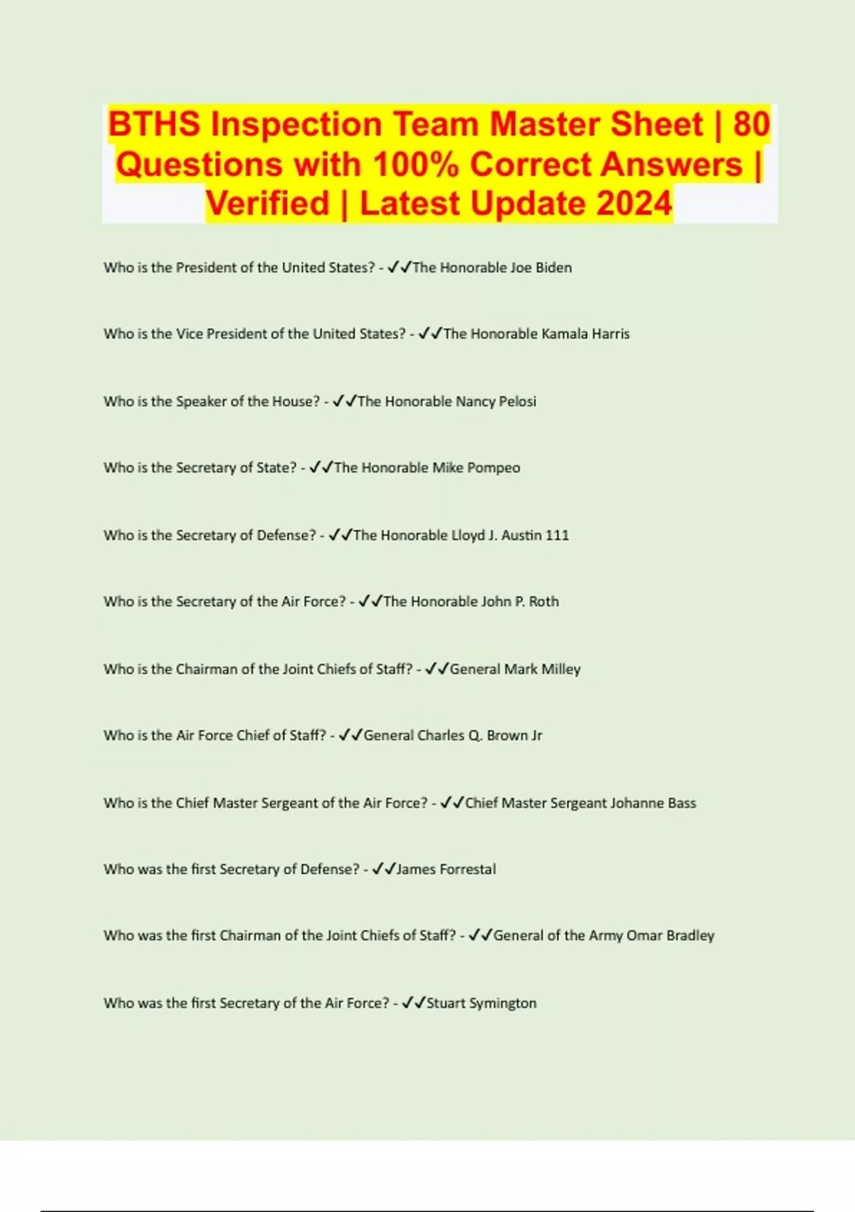 BTHS Inspection Team Master Sheet | 80 Questions with 100% Correct ...