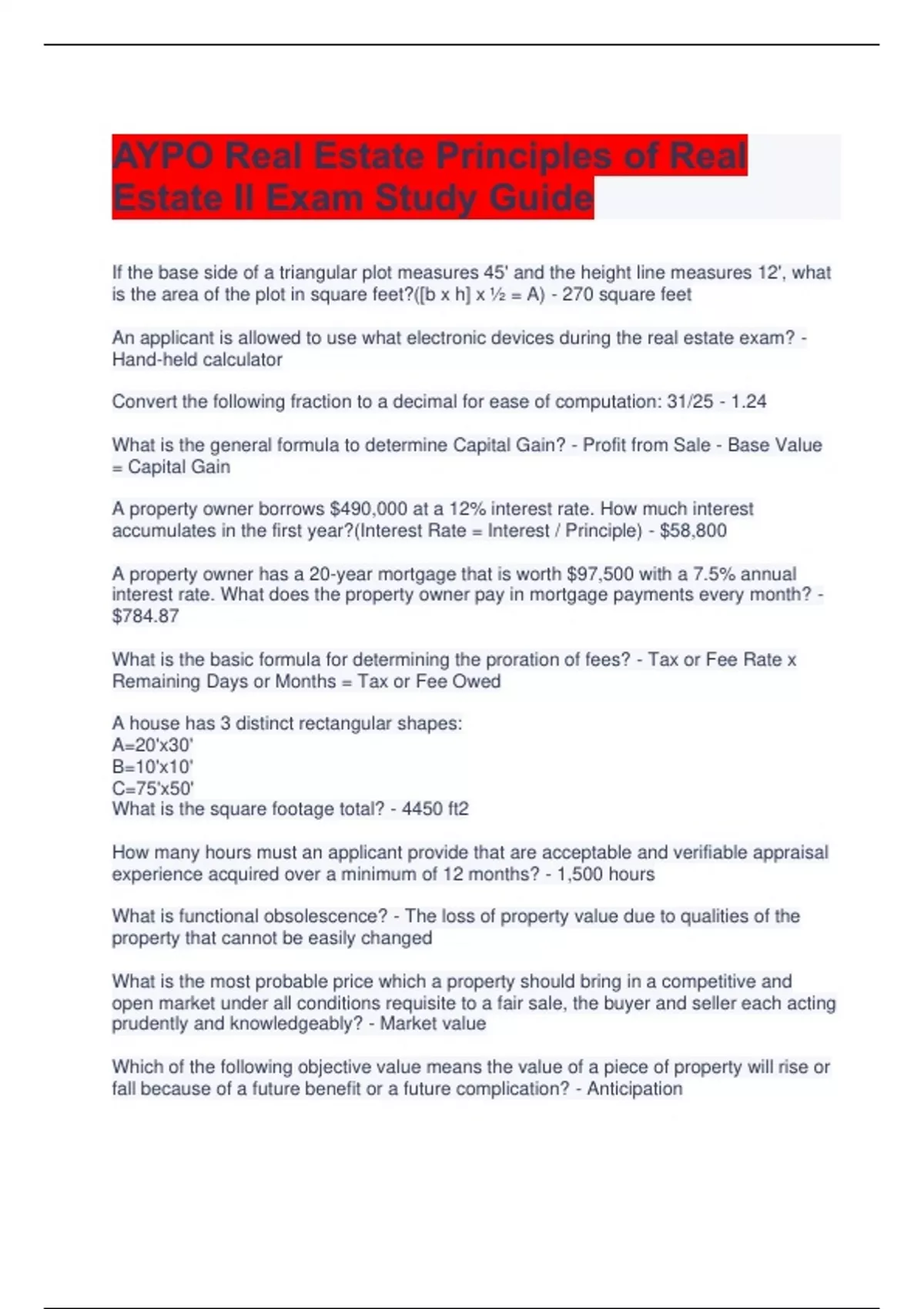 AYPO Real Estate Principles of Real Estate II Exam Study Guide - Real ...
