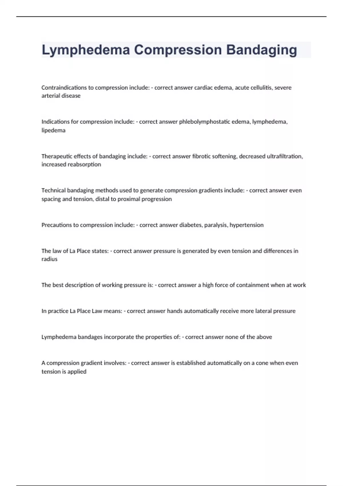 Lymphedema Compression Bandaging Questions With Complete Solutions ...