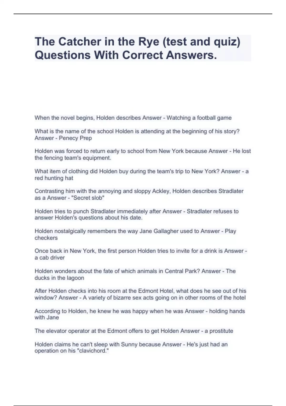 The Catcher in the Rye (test and quiz) Questions With Correct Answers ...