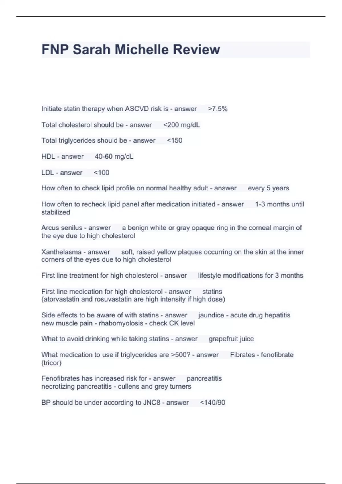 FNP Sarah Michelle Review Questions and Answers 100% Correct 2024 ...