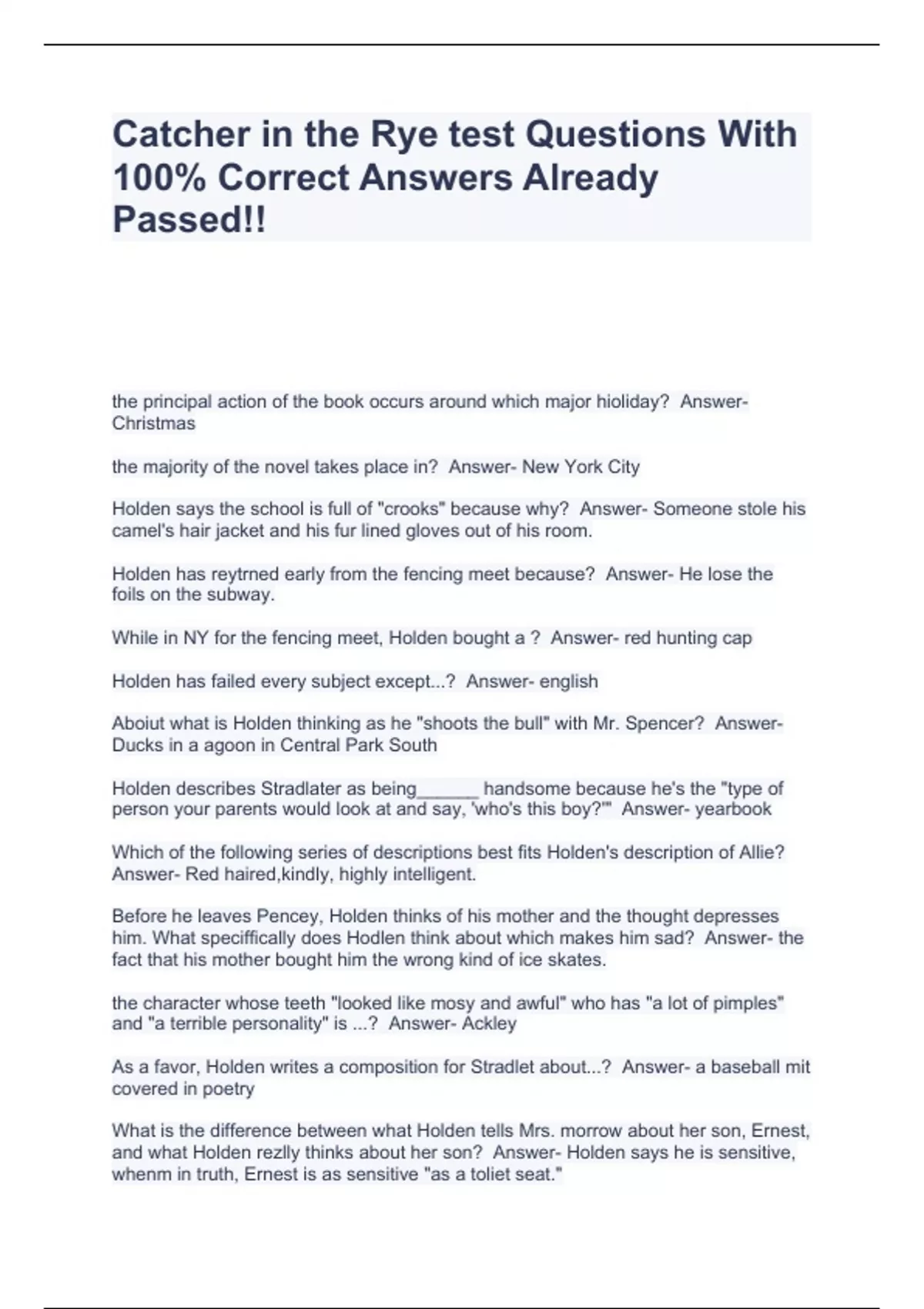 Catcher in the Rye test Questions With 100% Correct Answers Already ...