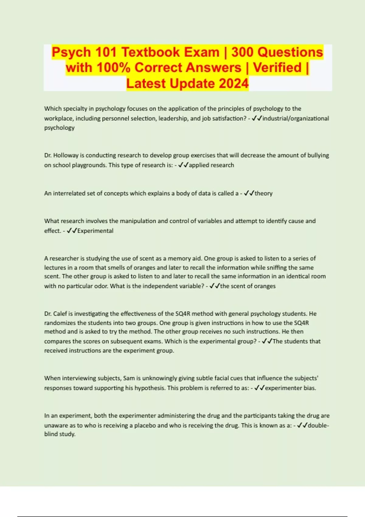 Psych 101 Textbook Exam | 300 Questions with 100% Correct Answers ...