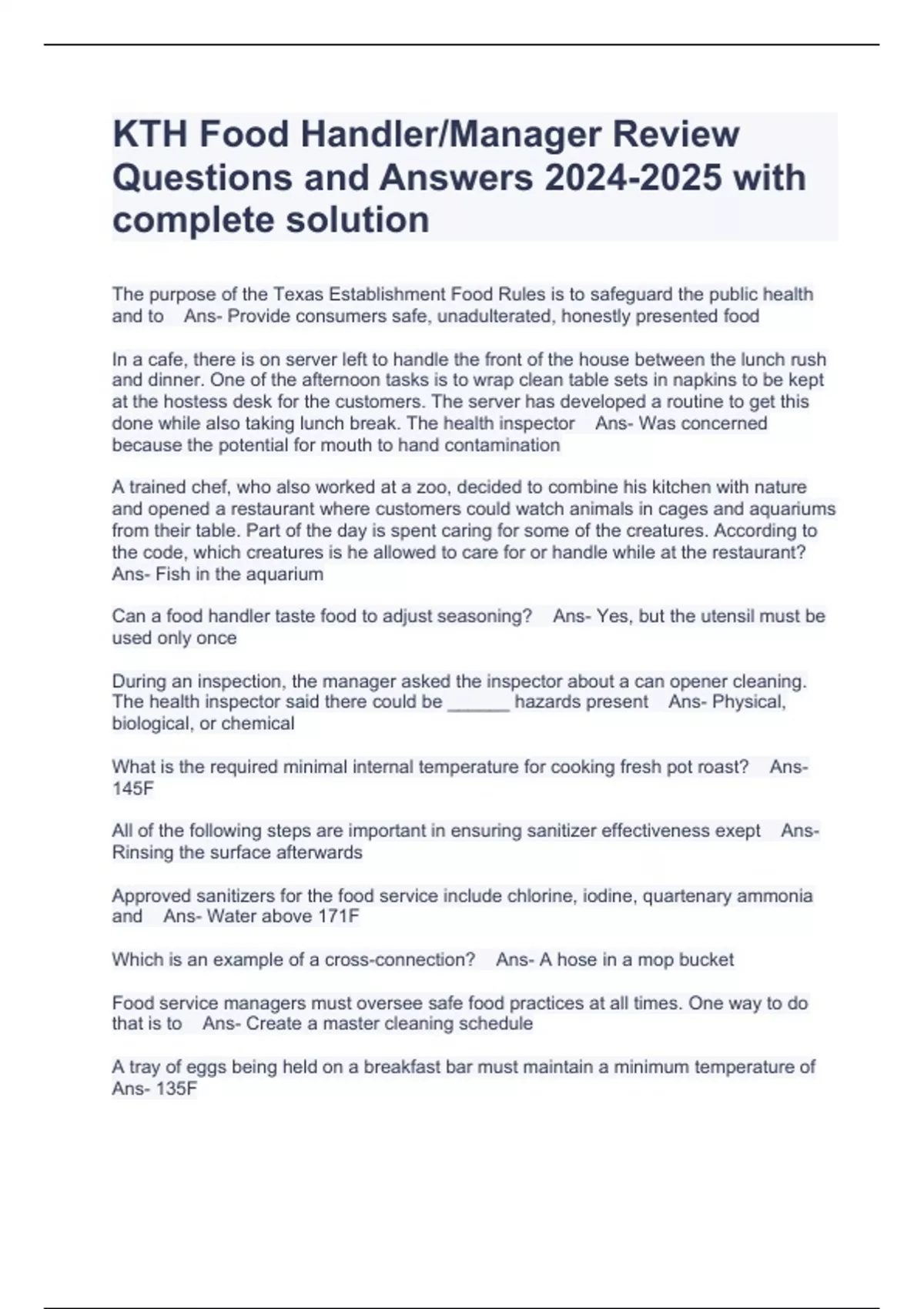 KTH Food Handler/Manager Review Questions and Answers with complete ...