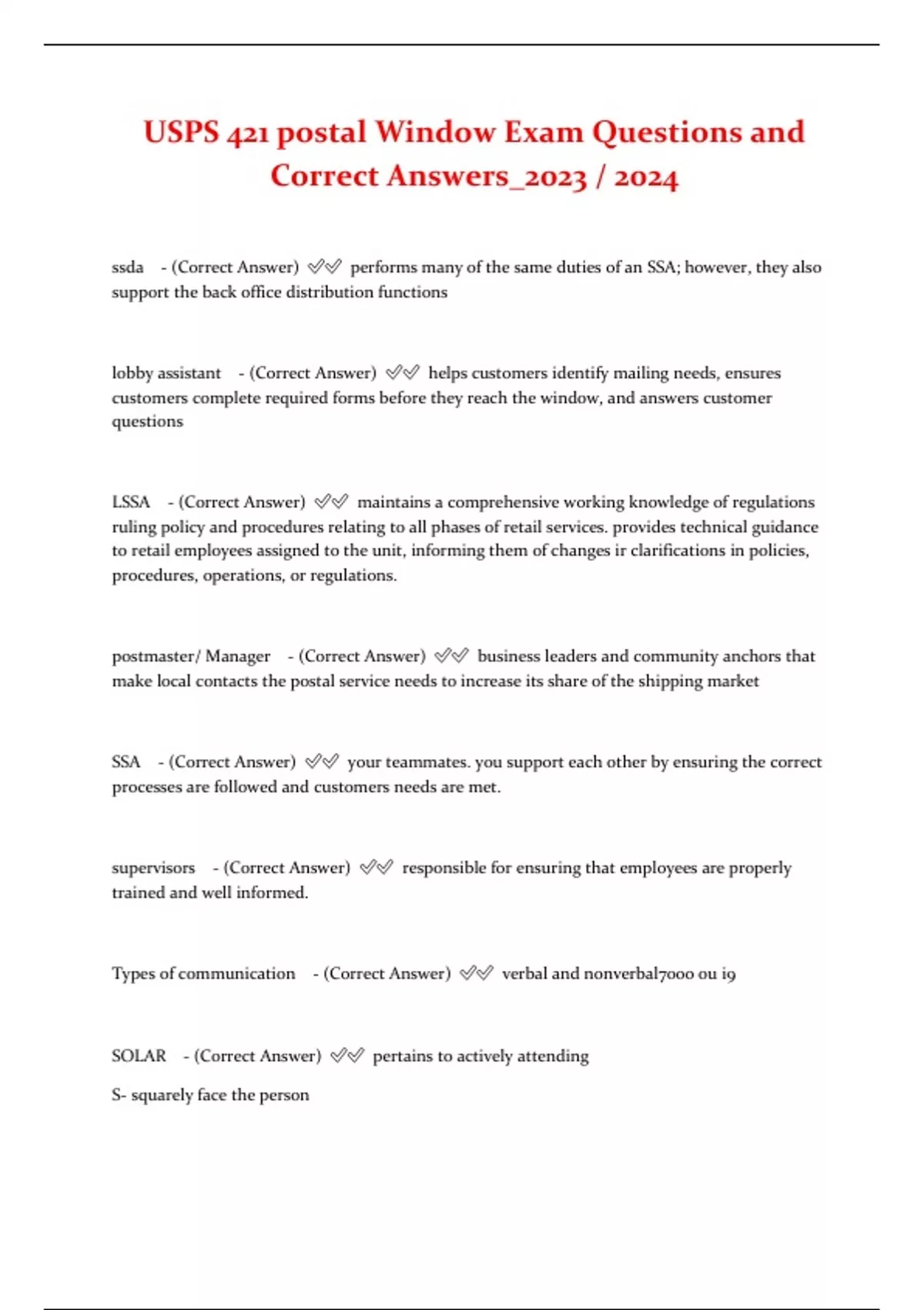 USPS 421 postal Window Exam Questions and Correct Answers_2023 / 2024 ...