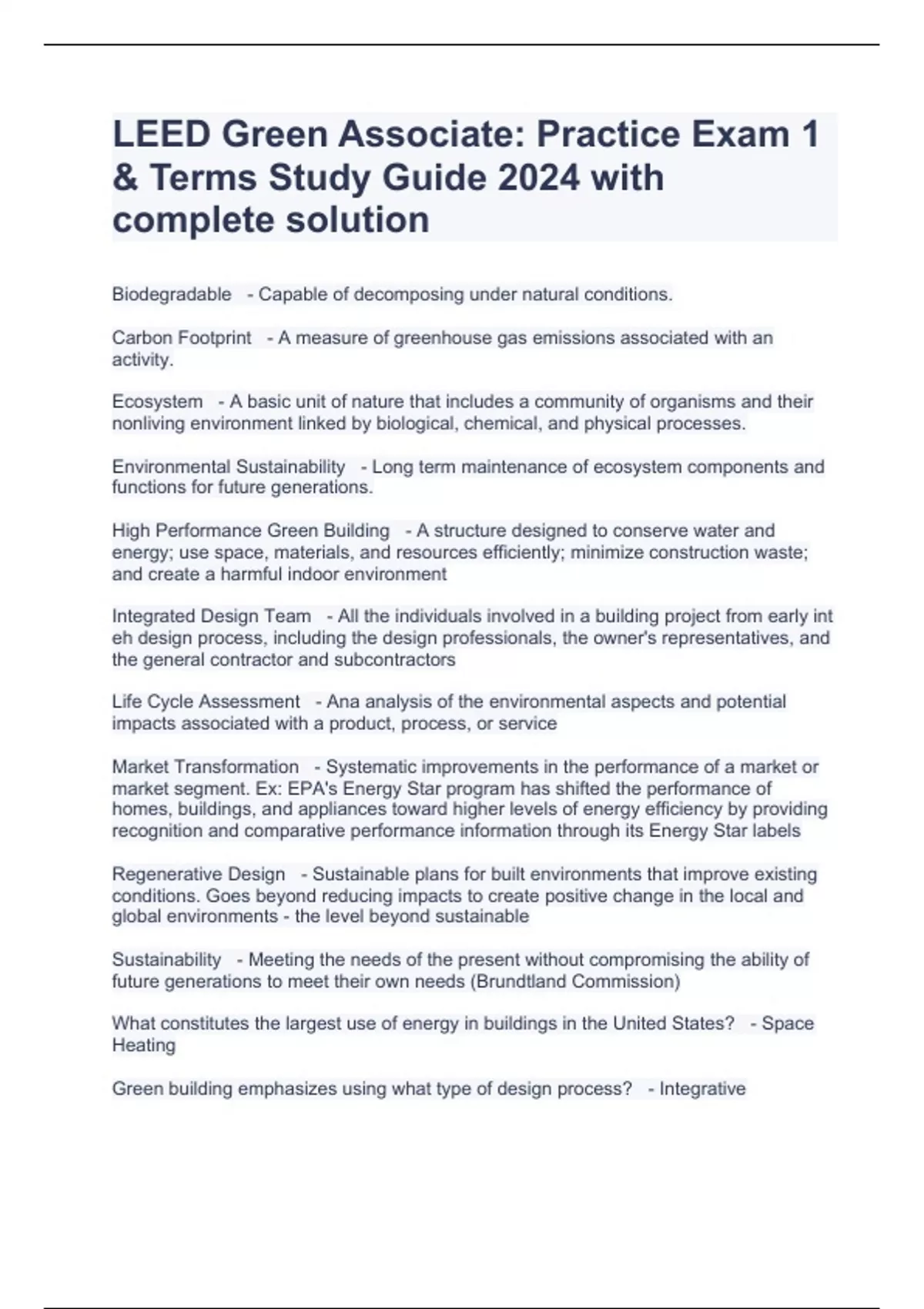 LEED Green Associate: Practice Exam 1 & Terms Study Guide 2024 with ...