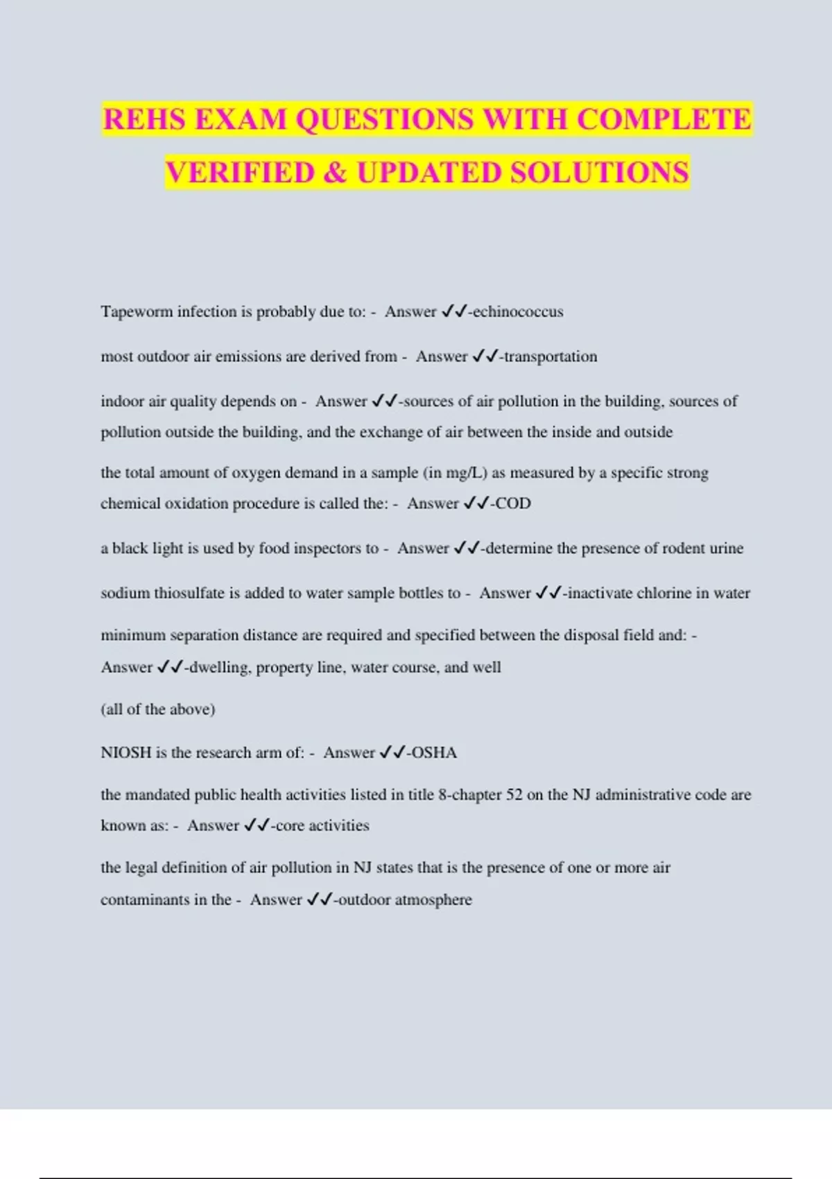 REHS EXAM QUESTIONS WITH COMPLETE VERIFIED & UPDATED SOLUTIONS - REHS ...