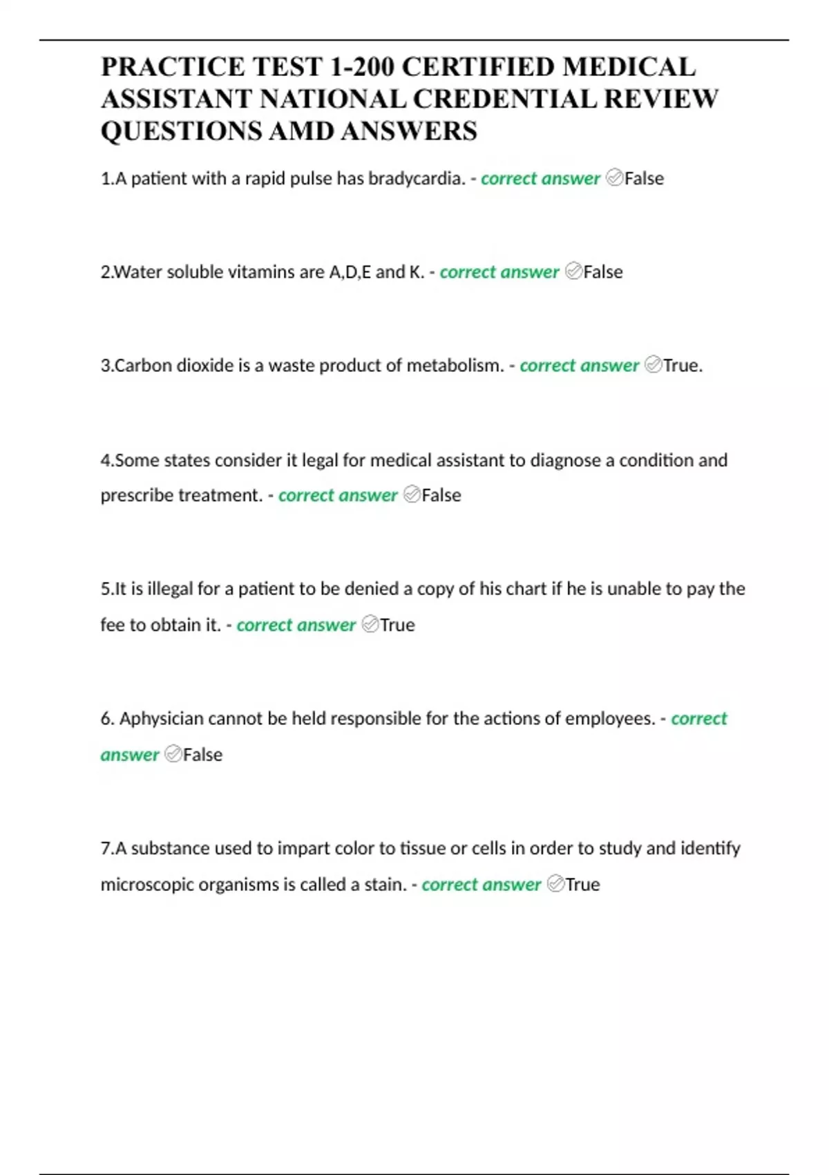 PRACTICE TEST 1-200 CERTIFIED MEDICAL ASSISTANT NATIONAL CREDENTIAL ...