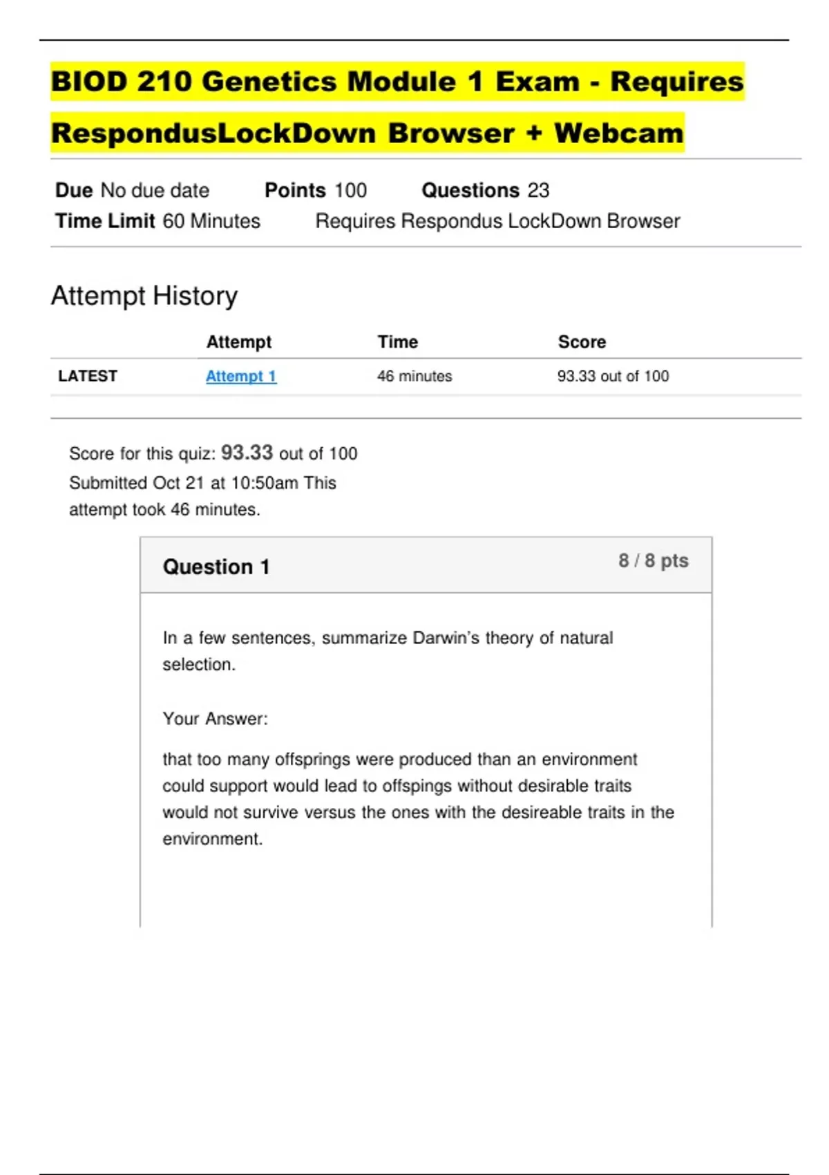 BIOD 210 Genetics Module 1 Exam - Requires RespondusLockDown Browser ...