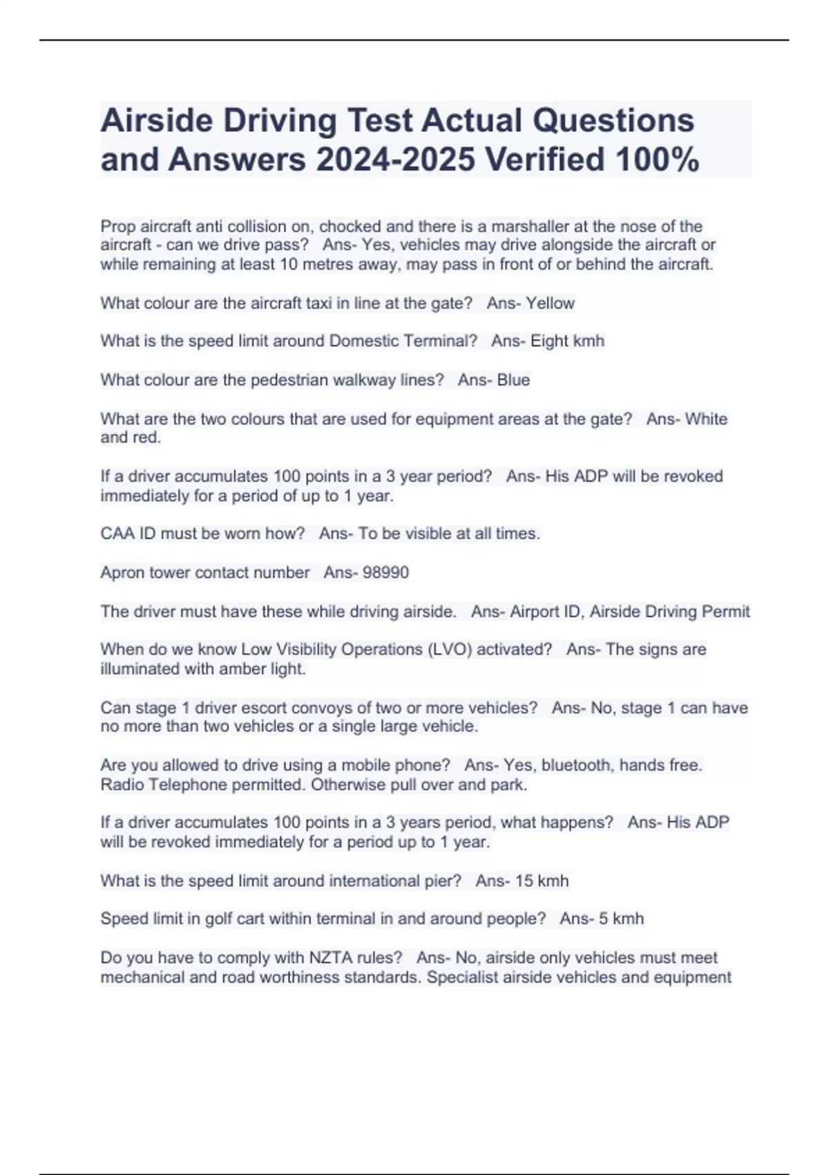 Airside Driving Test Actual Questions and Answers Verified 100% ...