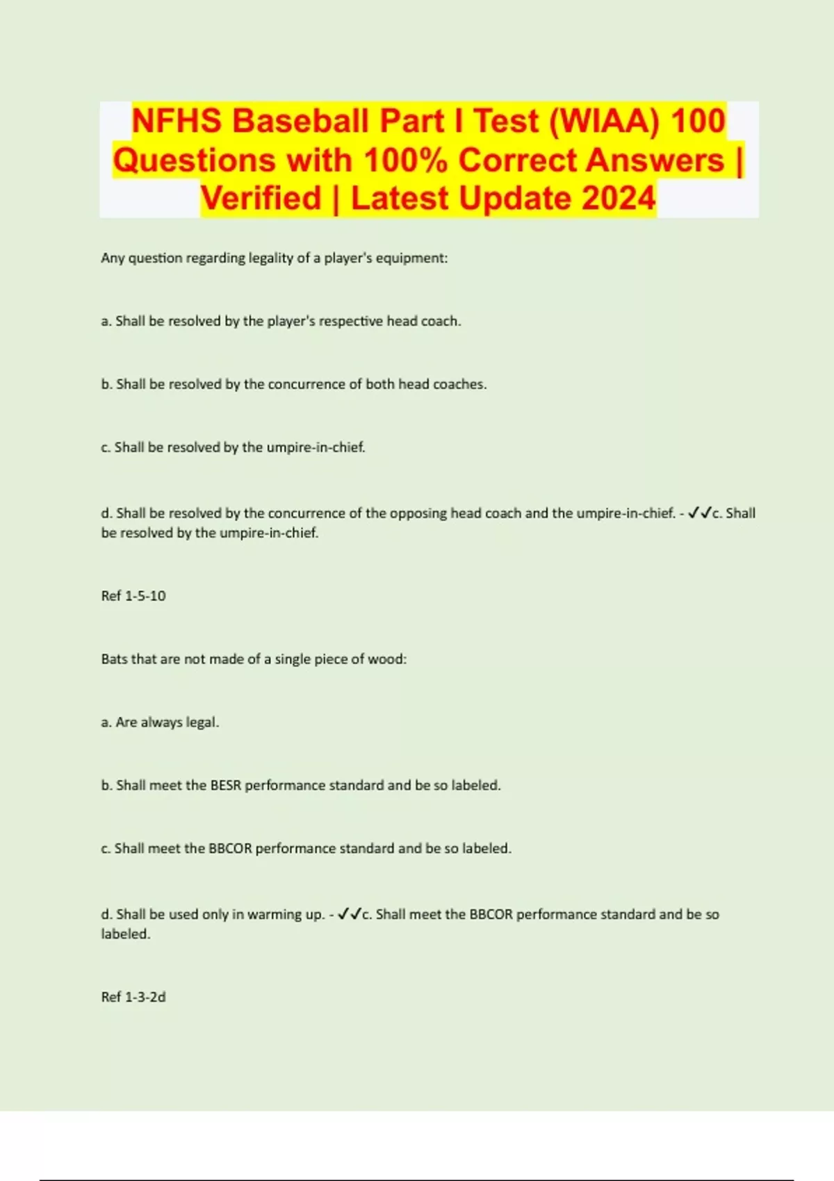 NFHS Baseball Part I Test (WIAA) 100 Questions with 100% Correct ...