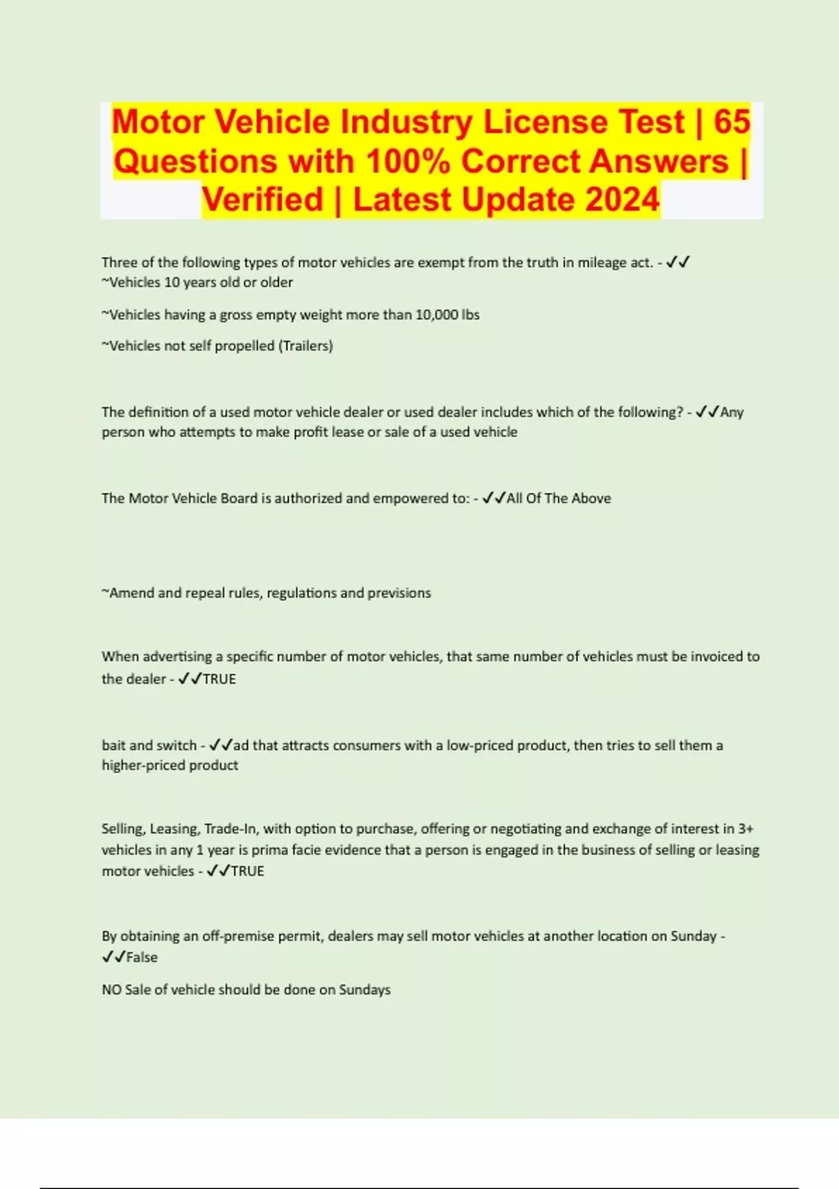 Motor Vehicle Industry License Test | 65 Questions with 100% Correct ...