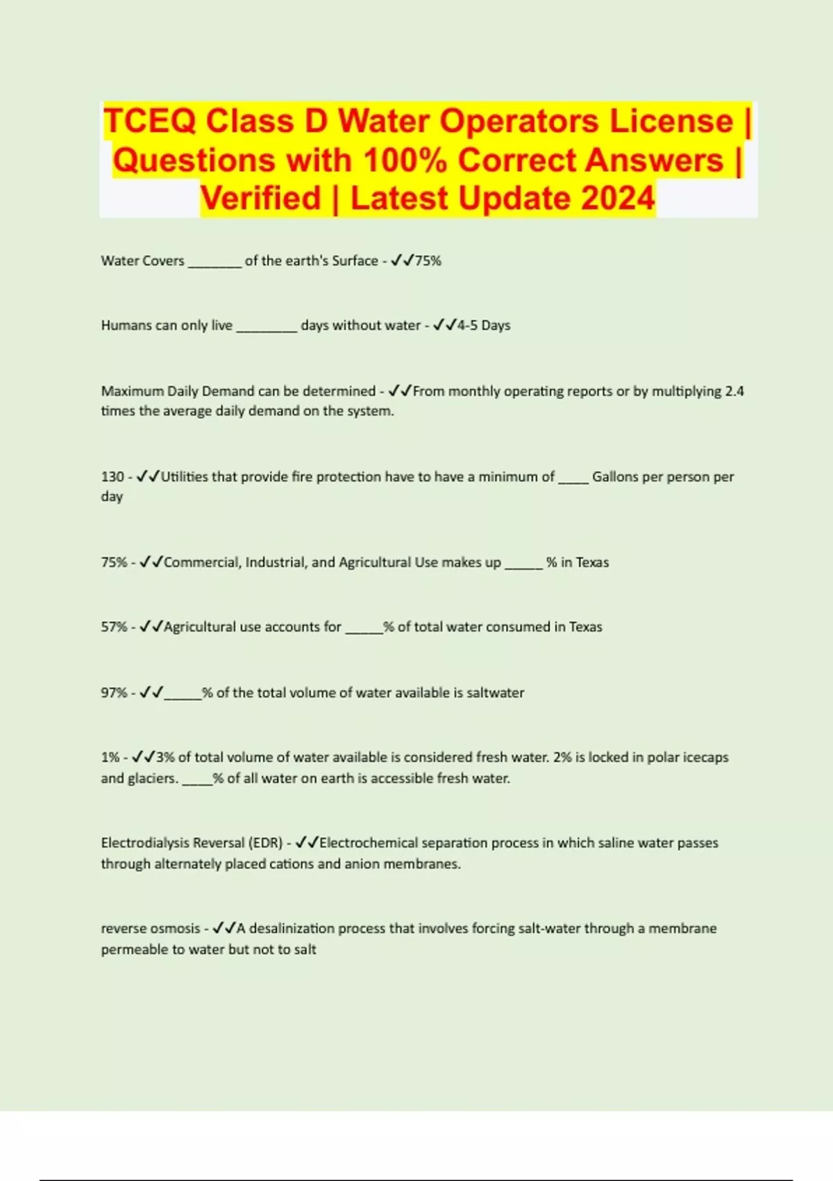 TCEQ Class D Water Operators License | Questions with 100% Correct ...