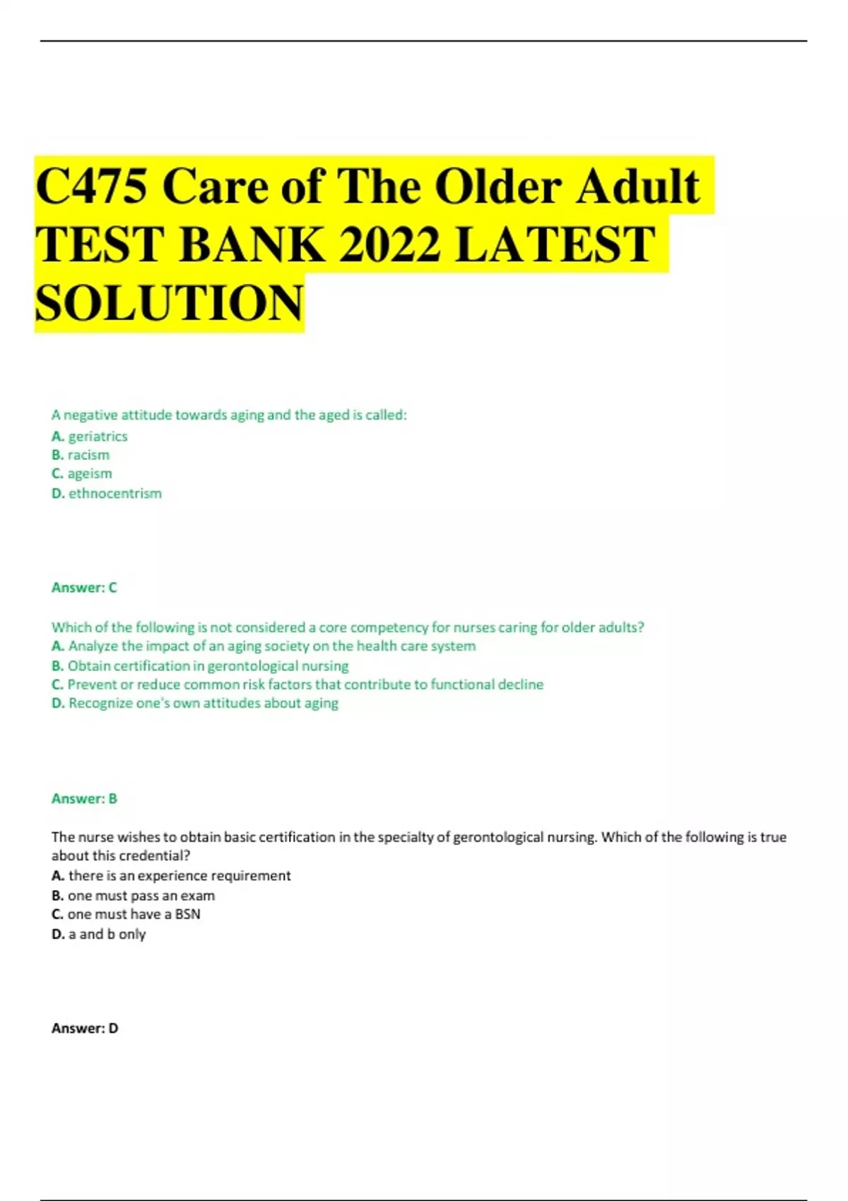 C475 Care of The Older Adult TEST BANK 2022 LATEST SOLUTION - C475 Care ...