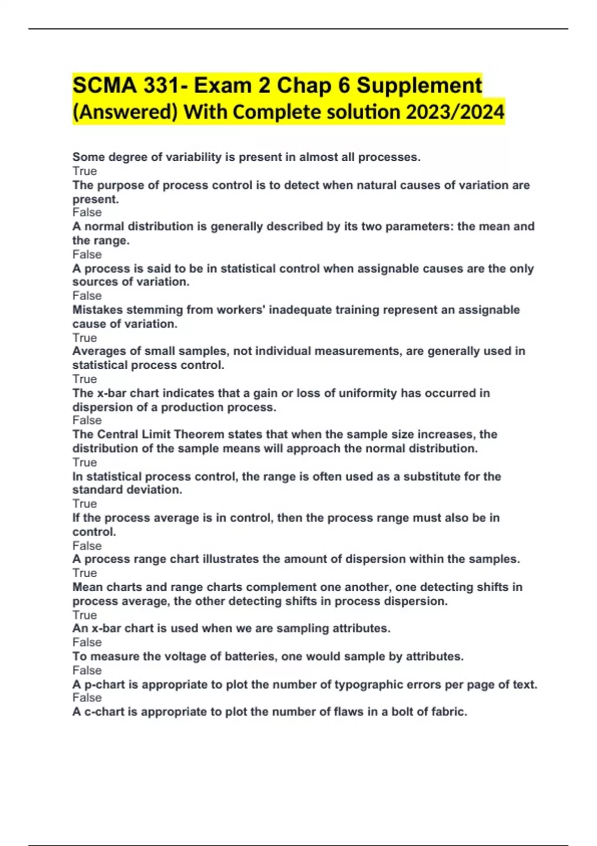 SCMA 331- Exam 2 Chap 6 Supplement (Answered) With Complete solution 2023/2024 - SCMA 331 ...