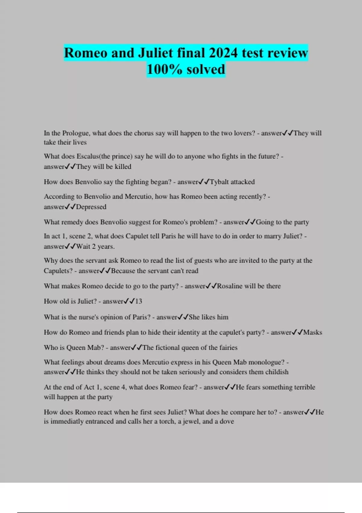 Romeo and Juliet final 2024 test review 100% solved - Romeo and Juliet ...