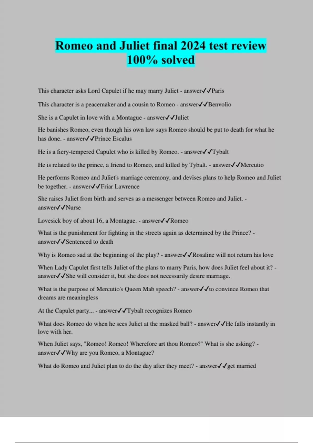 Romeo and Juliet final 2024 test review 100% solved - Romeo and Juliet ...
