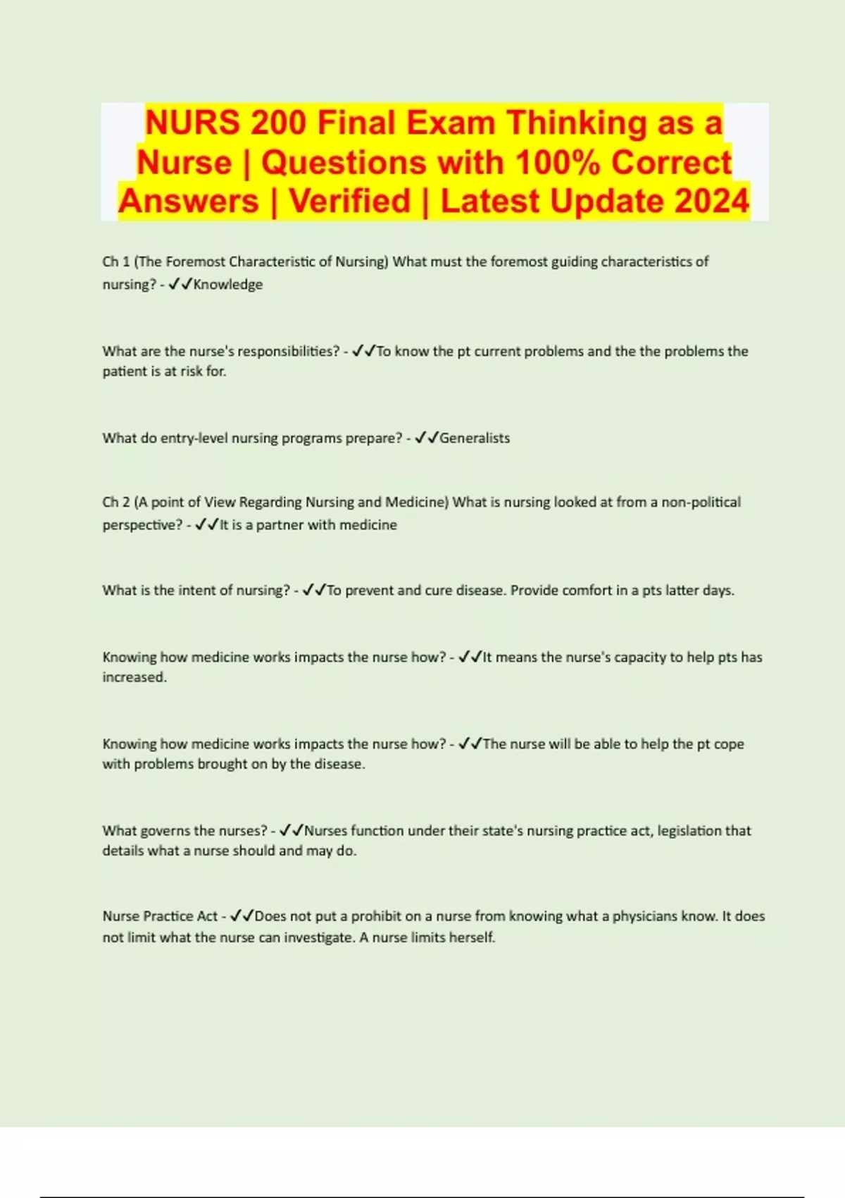 NURS 200 Final Exam Thinking as a Nurse | Questions with 100% Correct ...