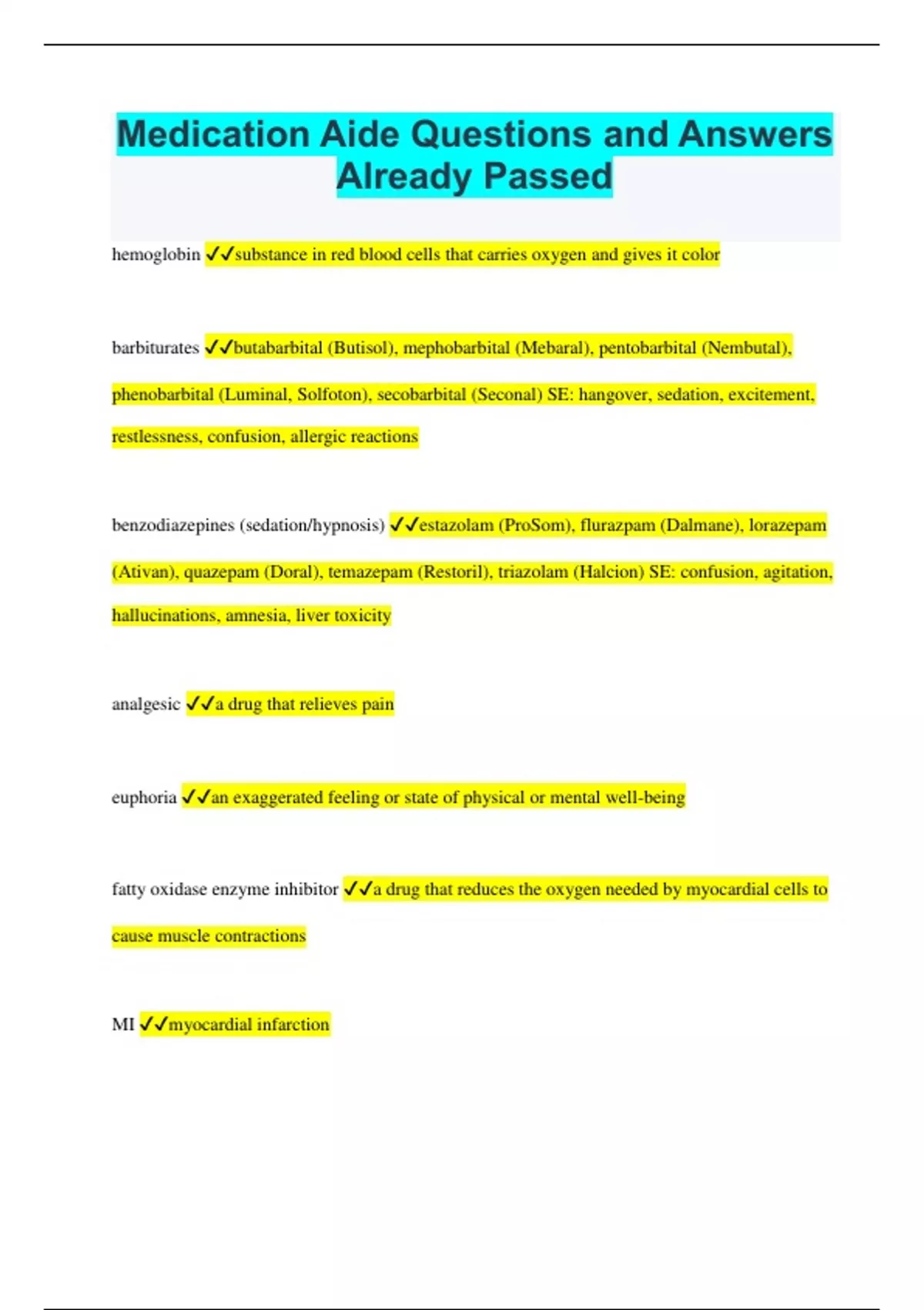 Medication Aide Questions and Answers Already Passed - Medication ...