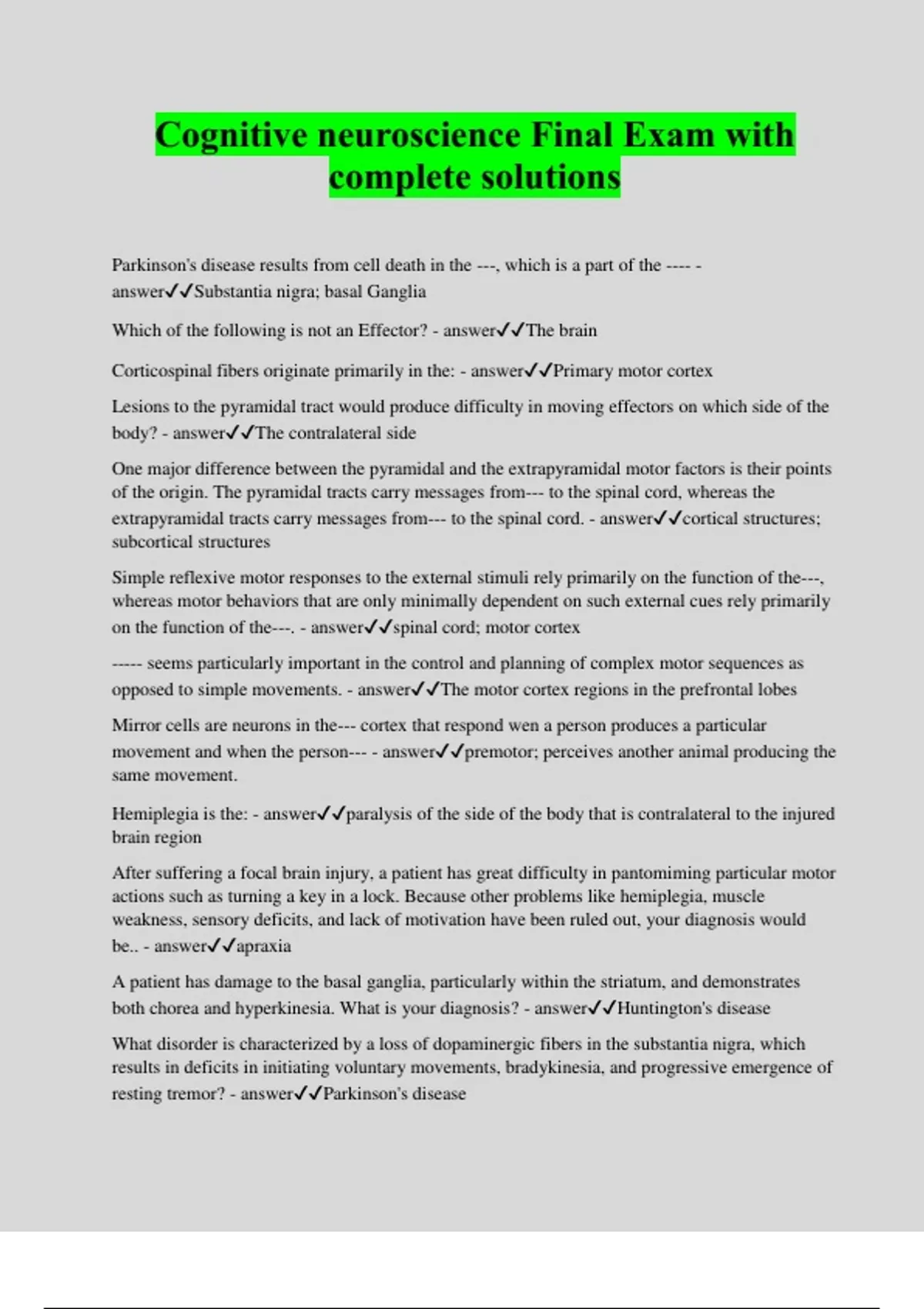 Cognitive neuroscience Final Exam with complete solutions - Cognitive ...