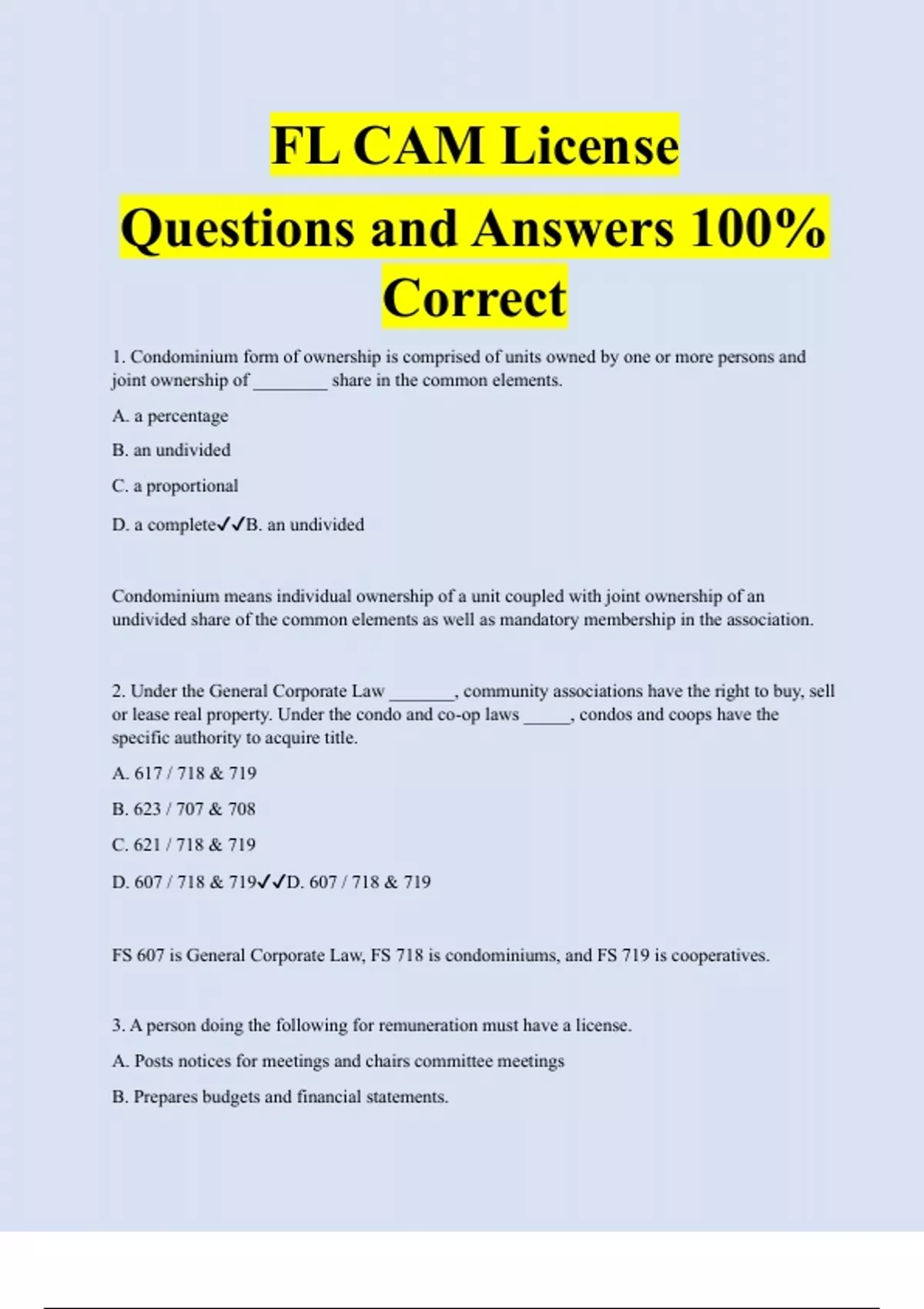 FL CAM License Questions and Answers 100% Correct - Florida Cam - Stuvia US