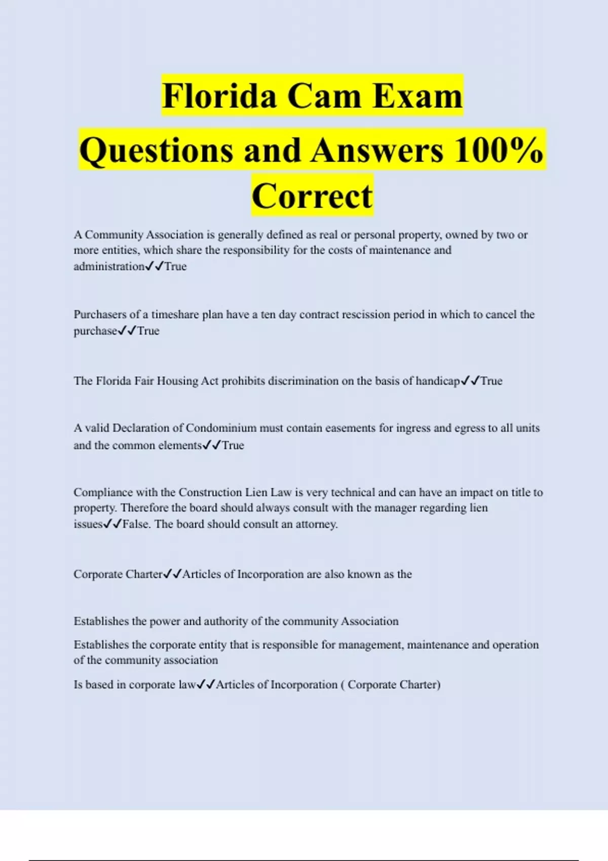 Florida Cam Exam Questions and Answers 100% Correct - Florida Cam ...