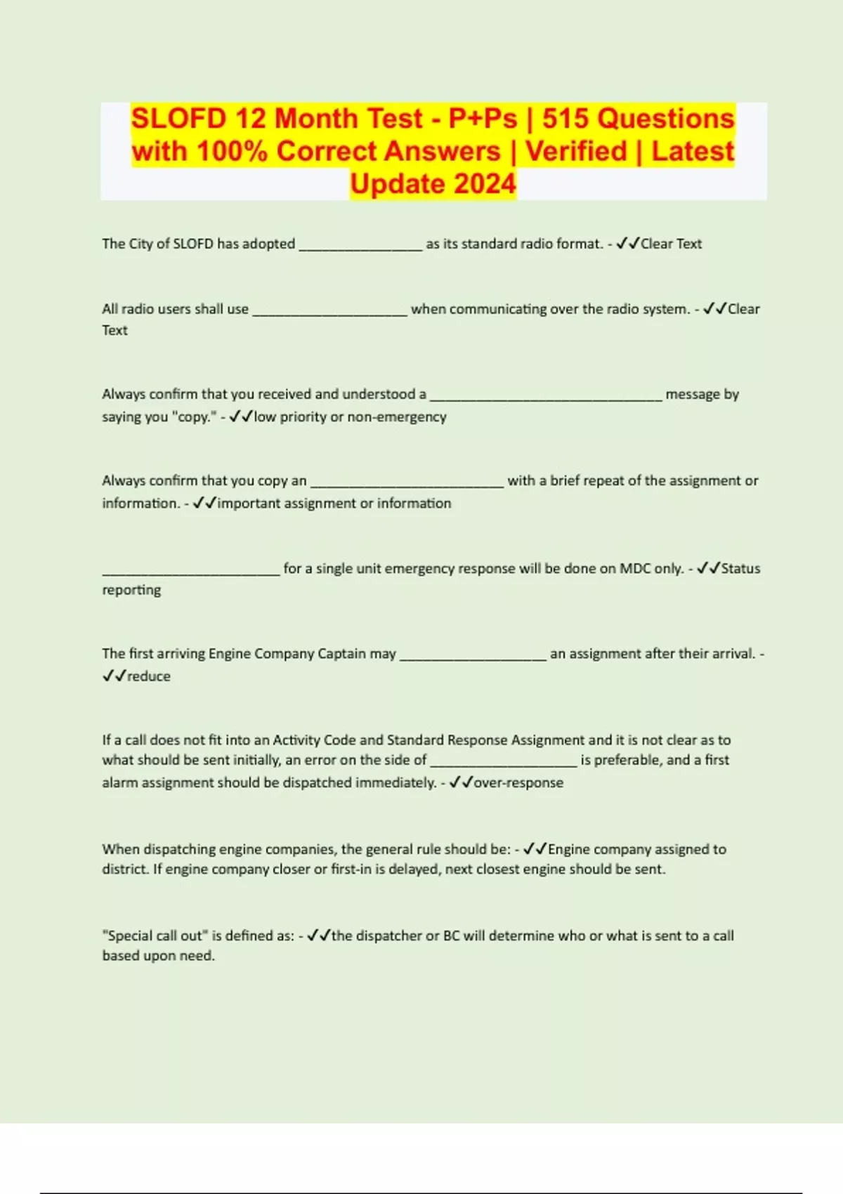 SLOFD 12 Month Test - P+Ps | 515 Questions with 100% Correct Answers ...