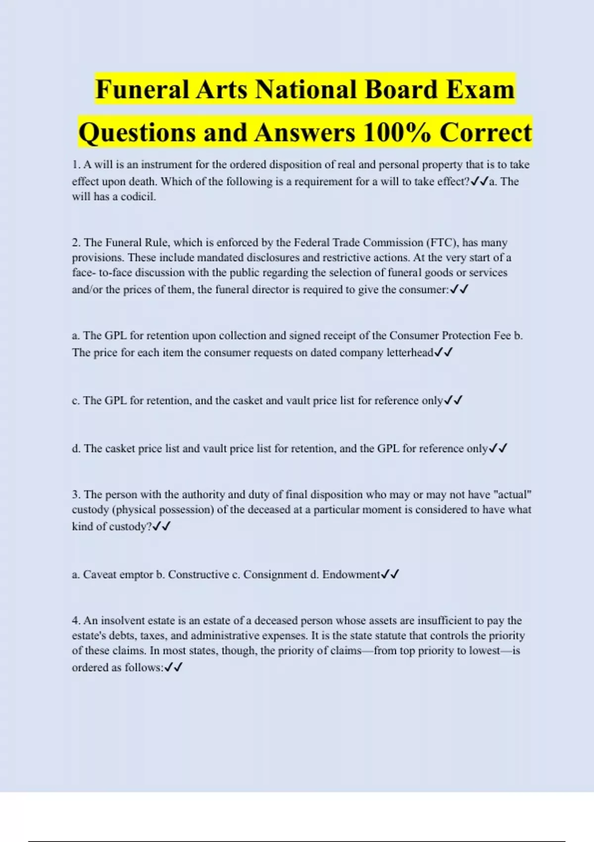 Funeral Arts National Board Exam Questions and Answers 100% Correct ...