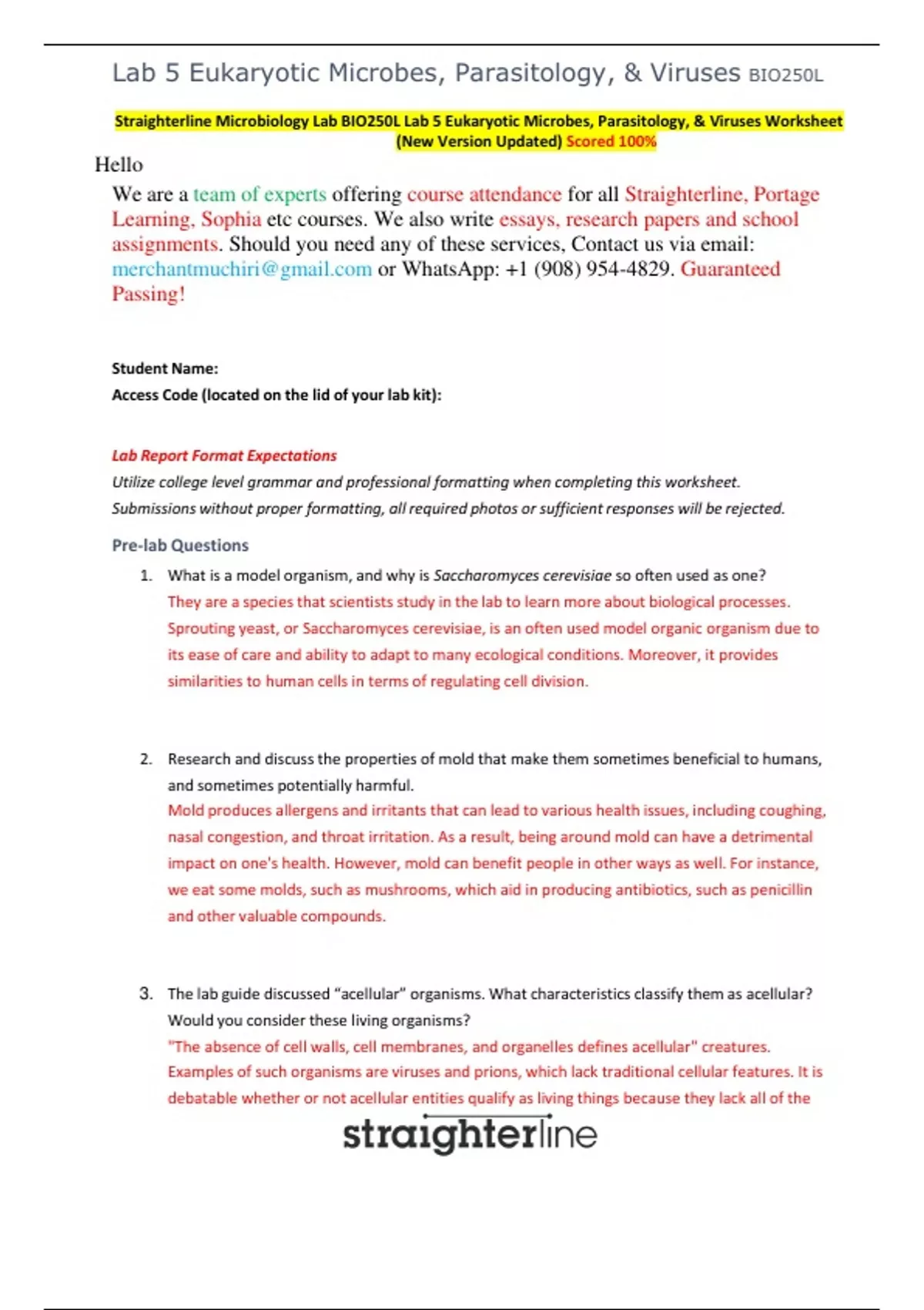 Straighterline Microbiology Lab BIO250L Lab 5 Eukaryotic Microbes ...