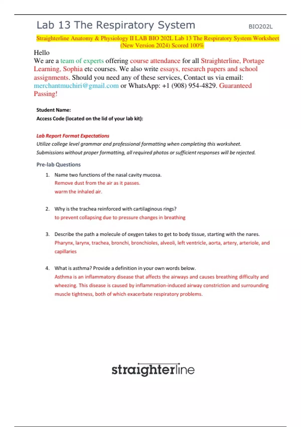 Straighterline Anatomy & Physiology II LAB BIO 202L Lab 13 The Respiratory System Worksheet (New ...
