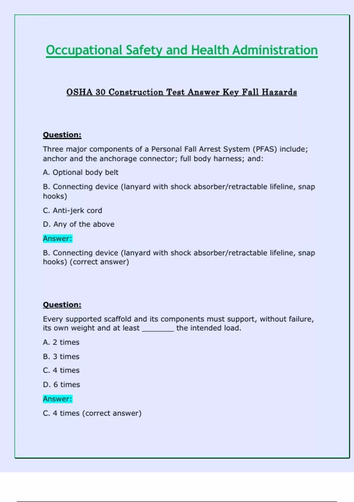 OSHA 30 Construction Test Answer Key Fall Hazards_Latest Update - Osha ...