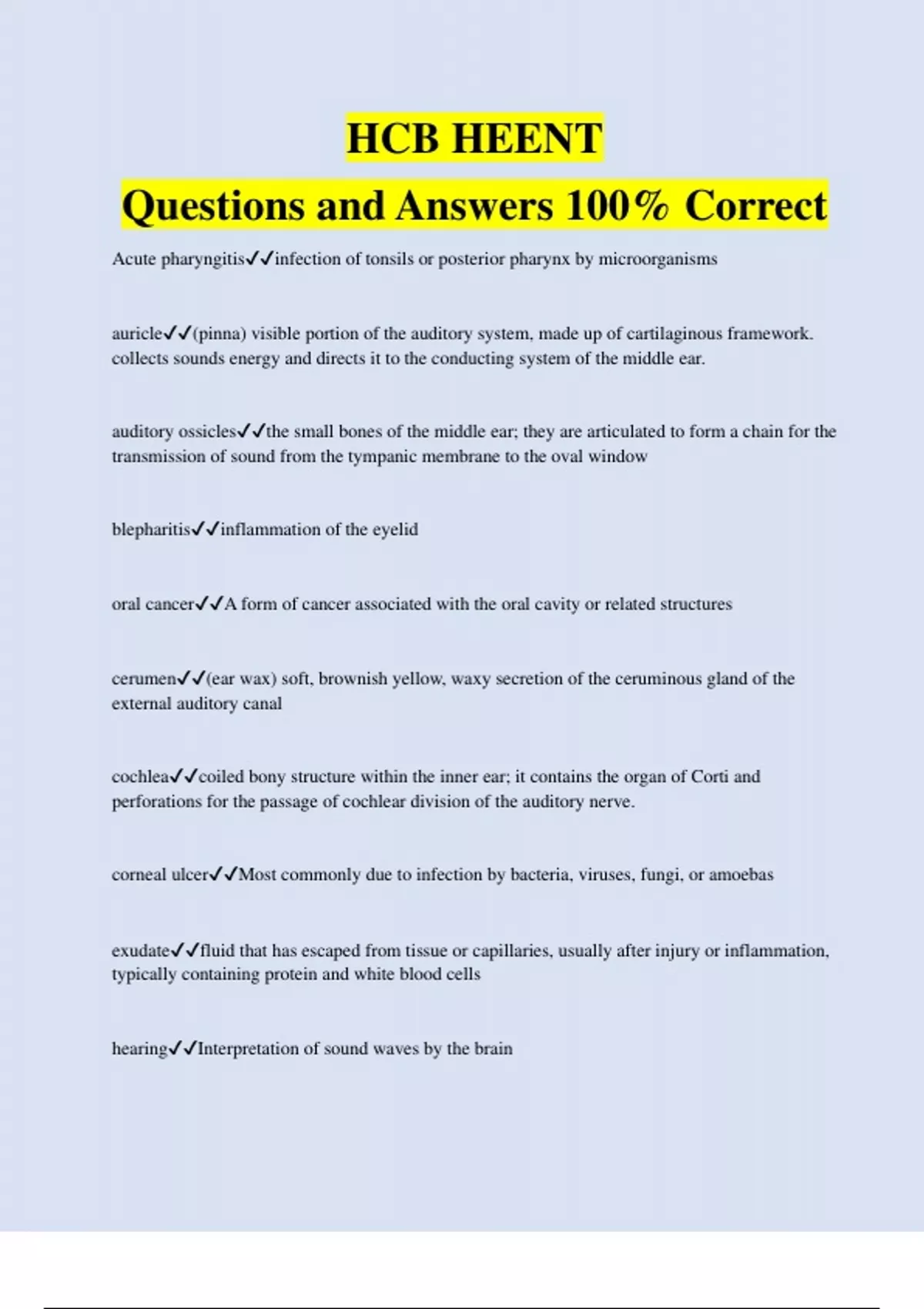 HCB HEENT Questions and Answers 100% Correct - HCB - Stuvia US