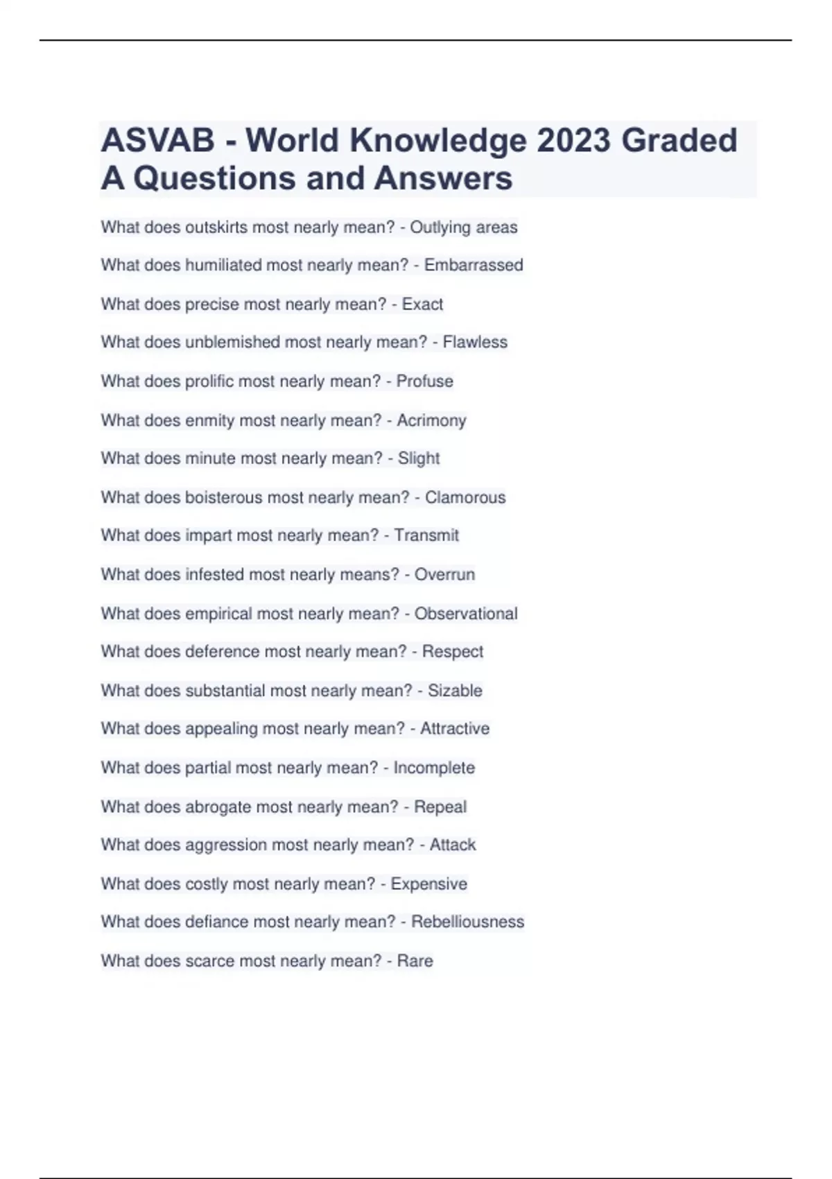 ASVAB - World Knowledge 2023 Graded A Questions and Answers - ASVAB ...