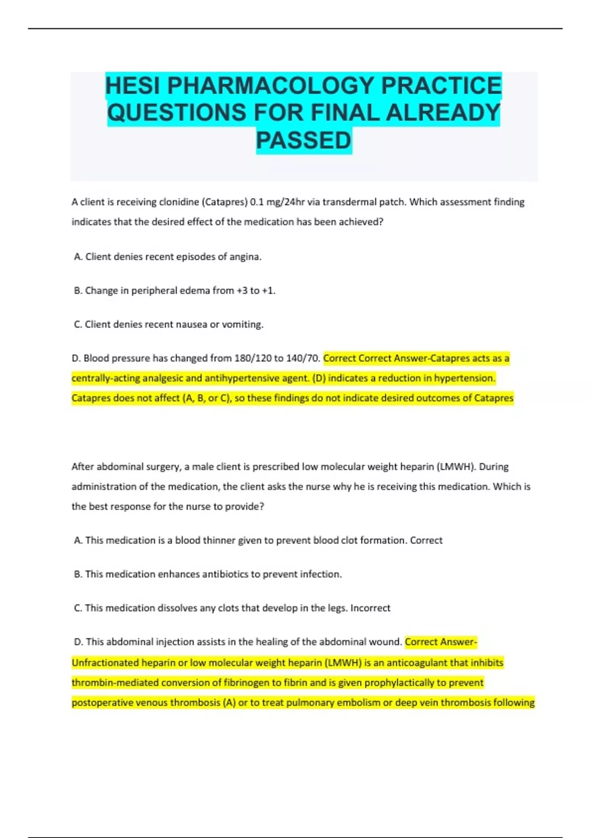 HESI PHARMACOLOGY PRACTICE QUESTIONS FOR FINAL ALREADY PASSED - Hesi ...