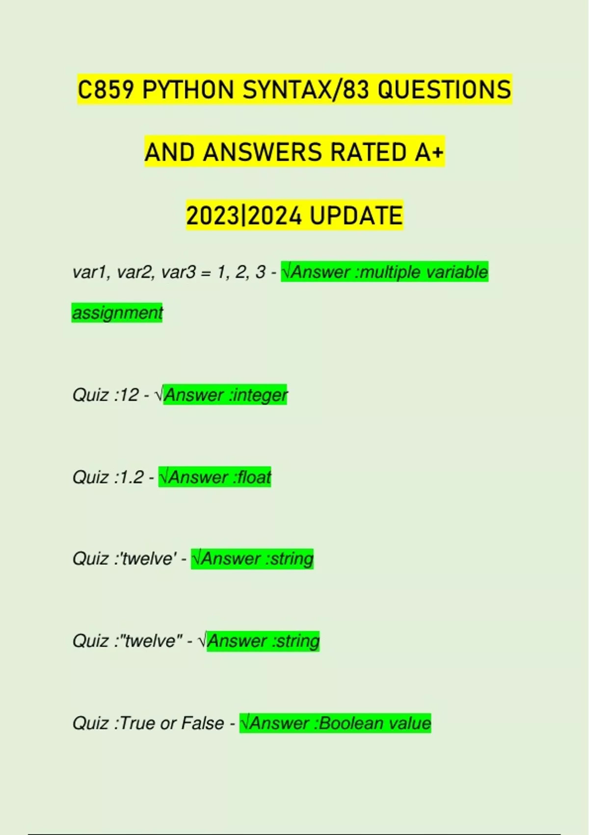 C859 PYTHON SYNTAX/83 QUESTIONS AND ANSWERS RATED A+ 2023|2024 UPDATE - C859 PYTHON - Stuvia US