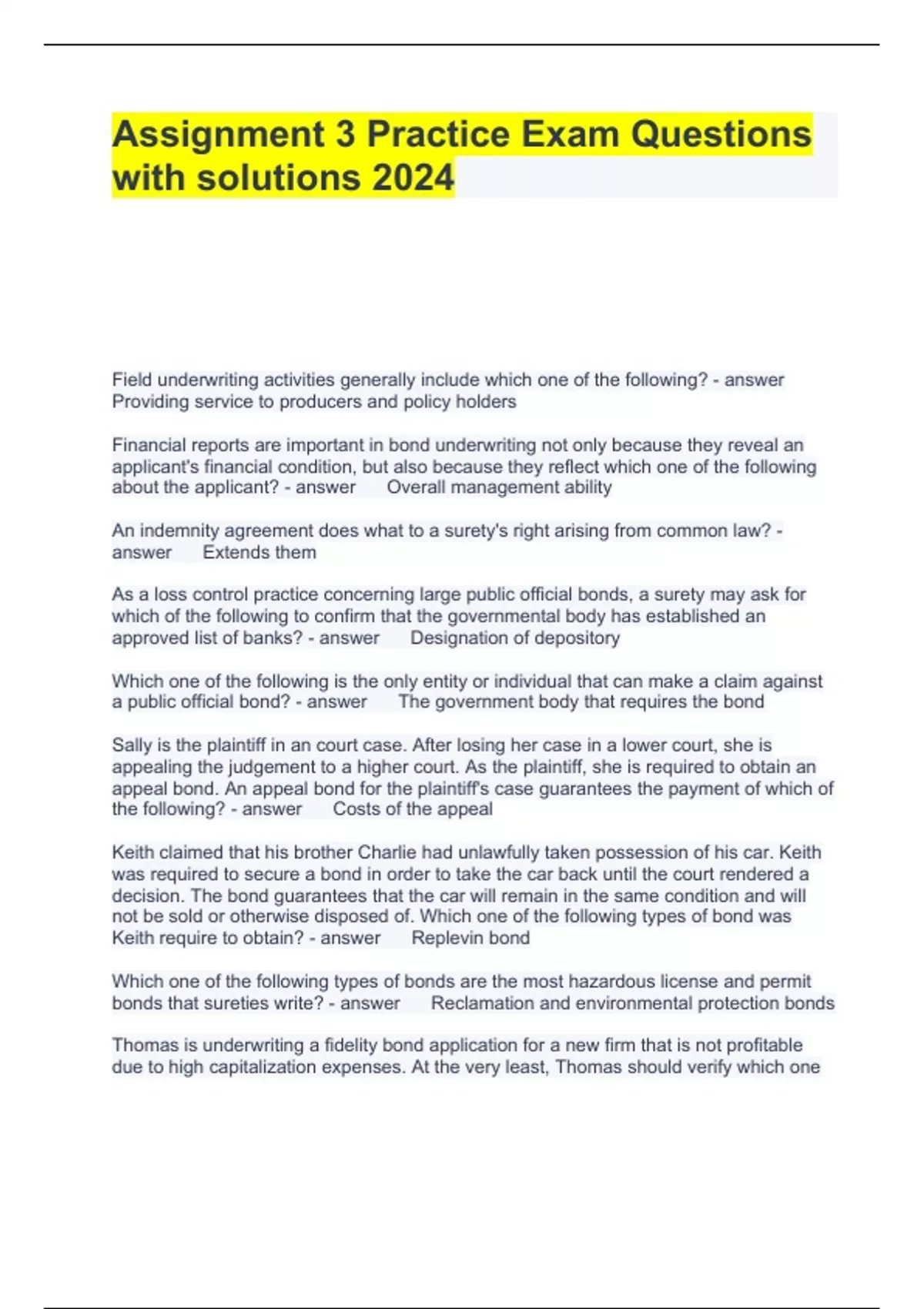 Assignment 3 Practice Exam Questions with solutions 2024 - AFSB 151 ...